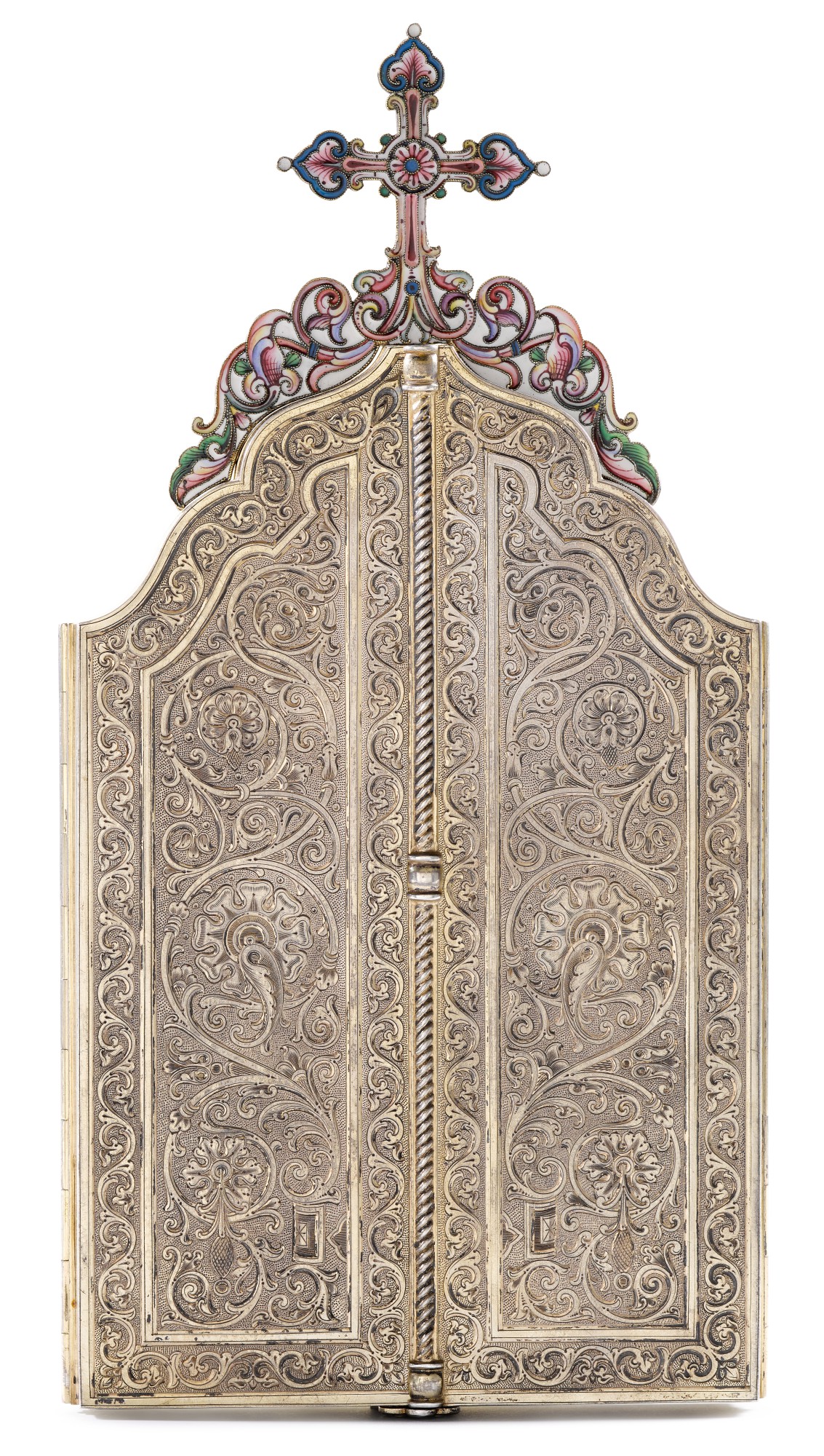 A silver-gilt and shaded enamel travelling triptych icon, Ivan Alekseev, Moscow, 1899-1908 ...