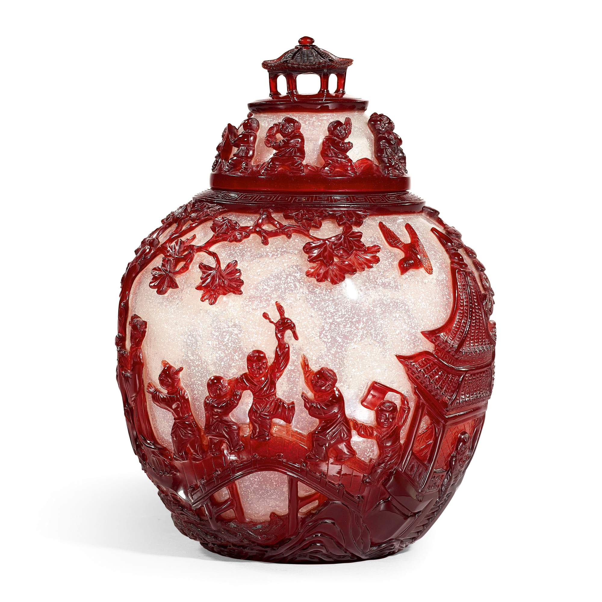 An extremely rare and superb ruby-red overlay Peking glass jar and ...