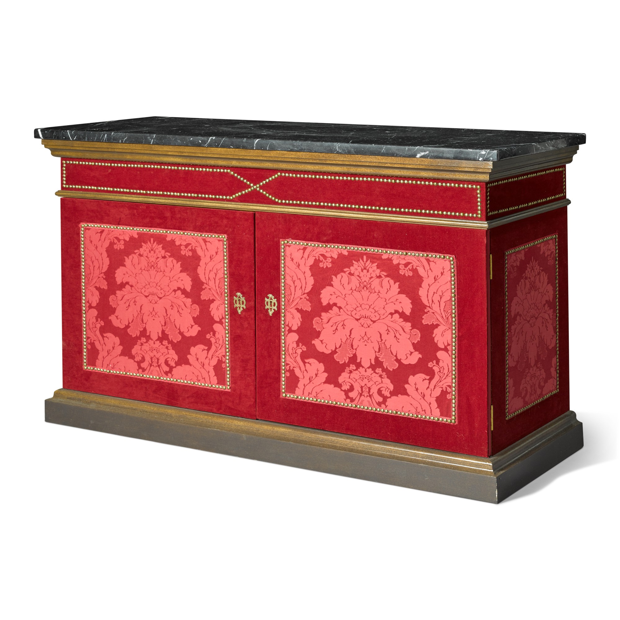 A pair of custom-made red silk and velvet covered side cabinets, by ...