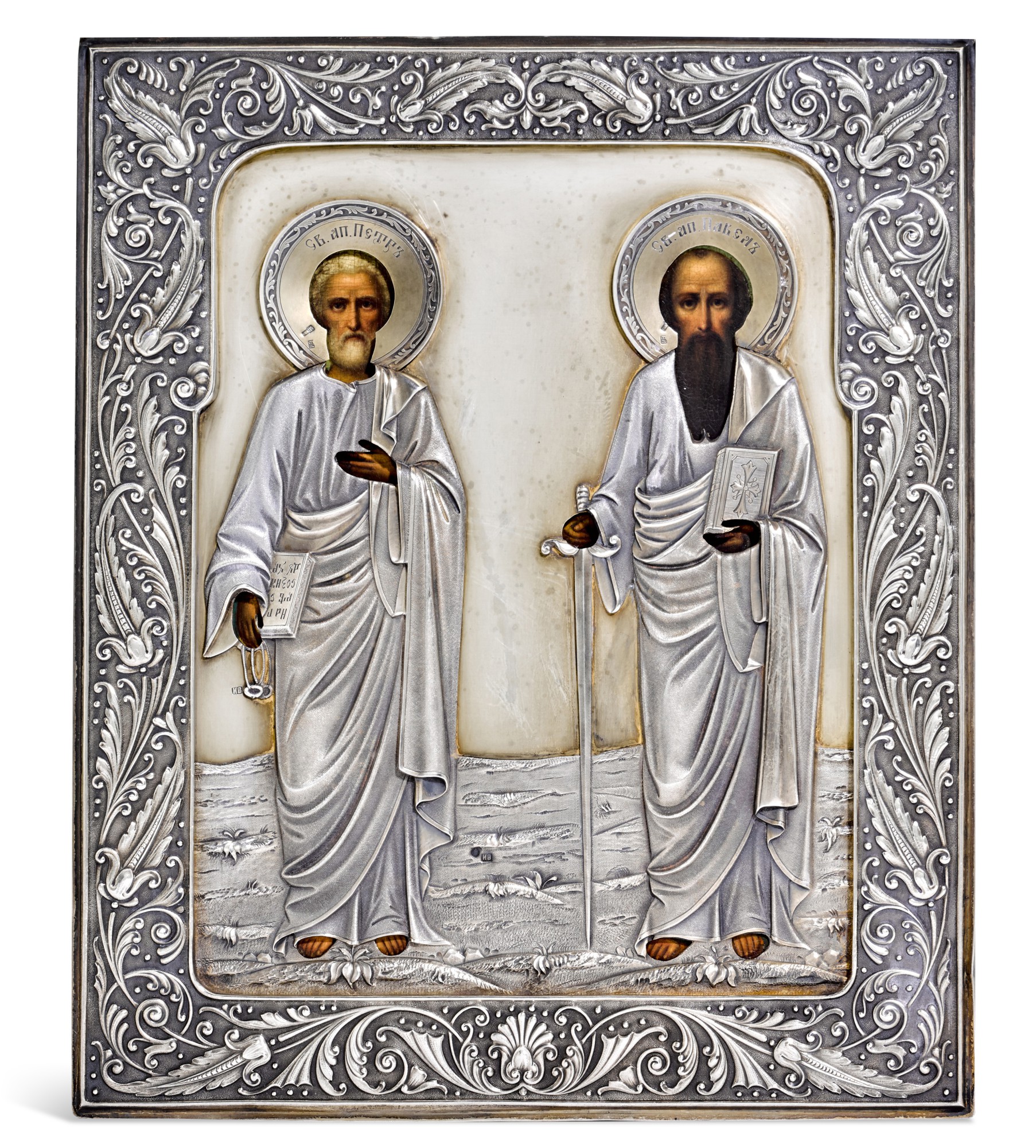 A Russian parcel-gilt silver icon of Apostles Peter and Pavel, maker's ...