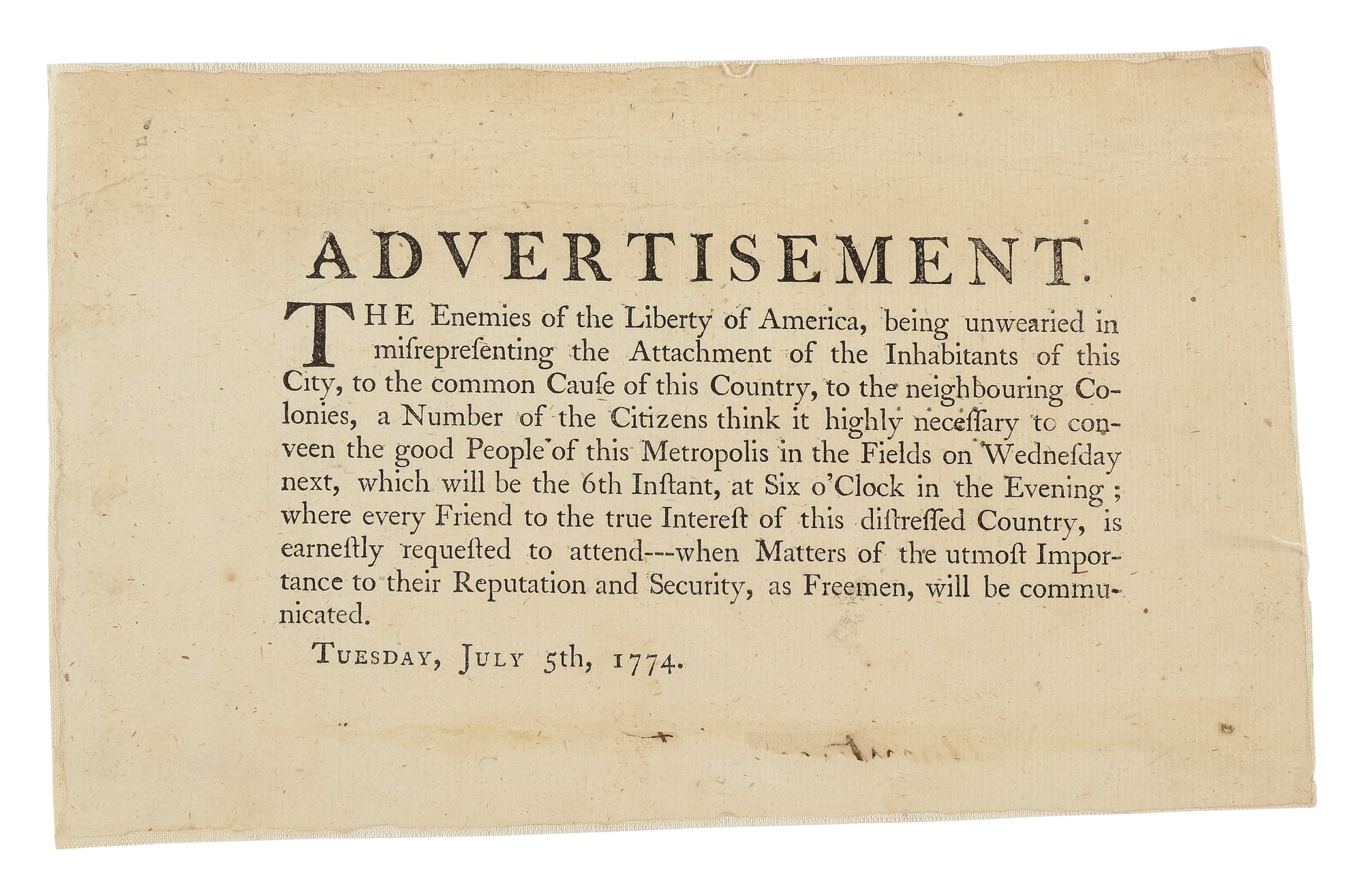 A 1774 handbill calling for a meeting of patriotic New Yorkers ...