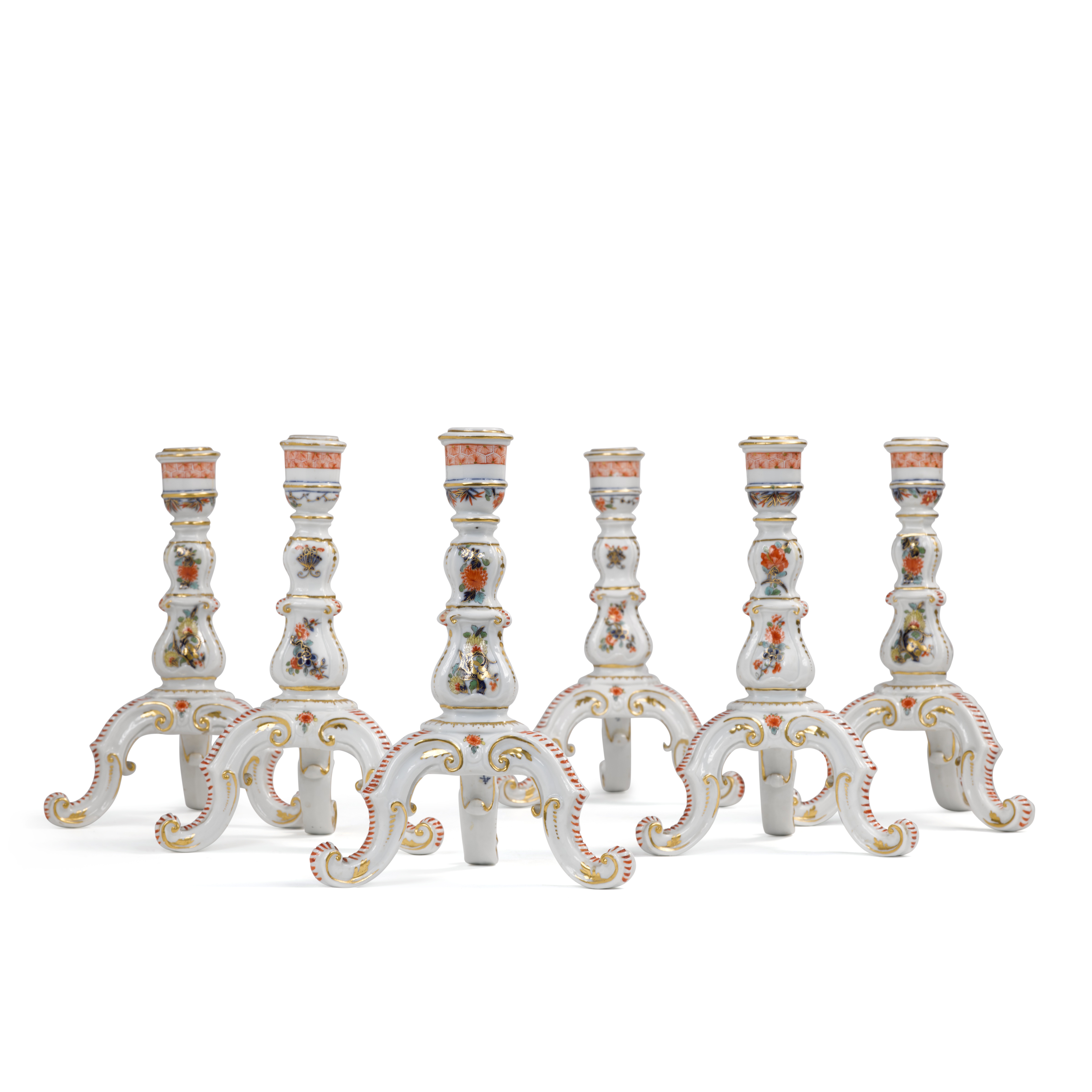 A Rare Set of Six Meissen Imari Three-Footed Candlesticks, Circa 1735 ...