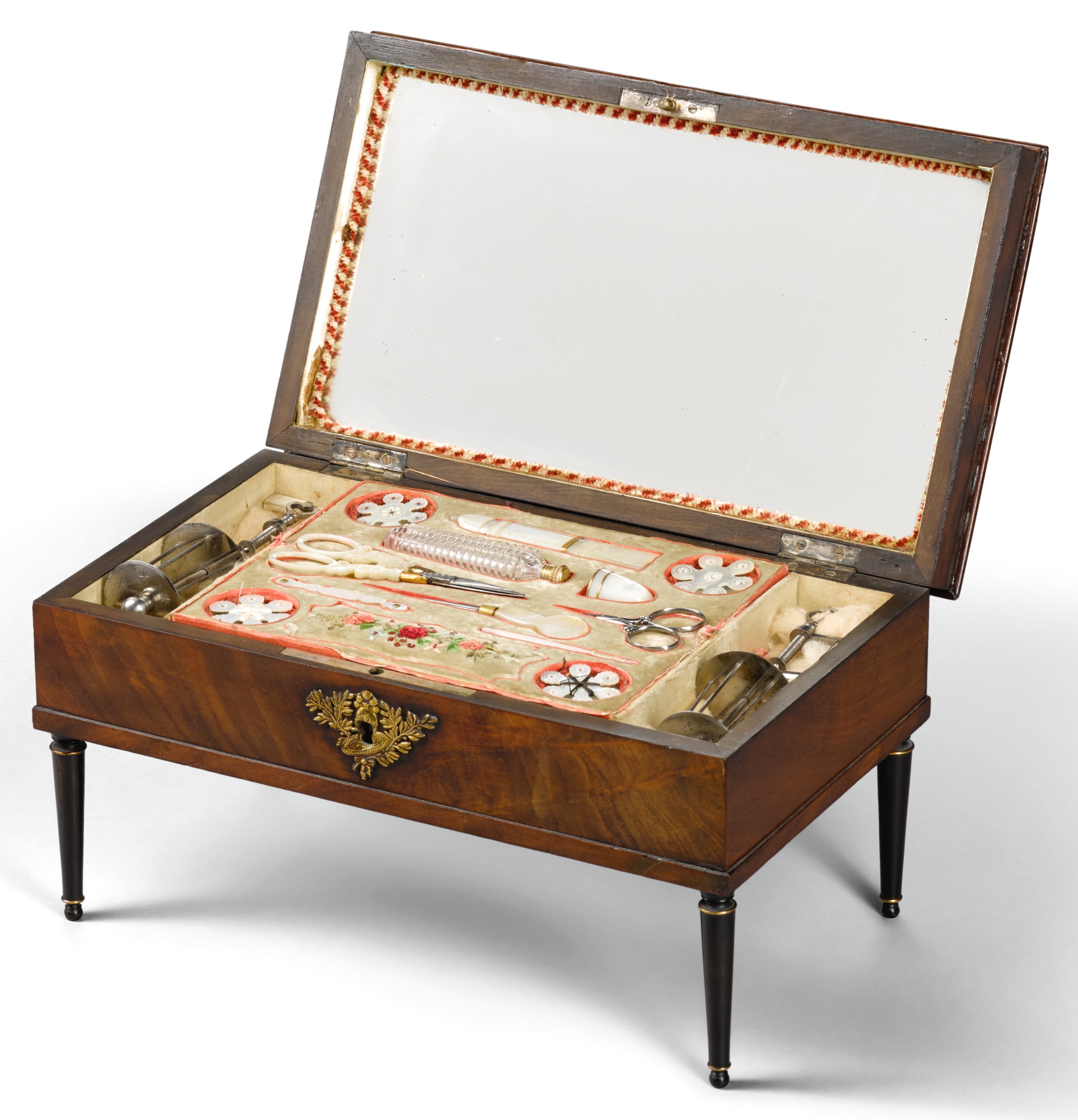 A FRENCH MAHOGANY AND INLAID PALAIS ROYAL 'SPINET' MUSICAL SEWING BOX ...
