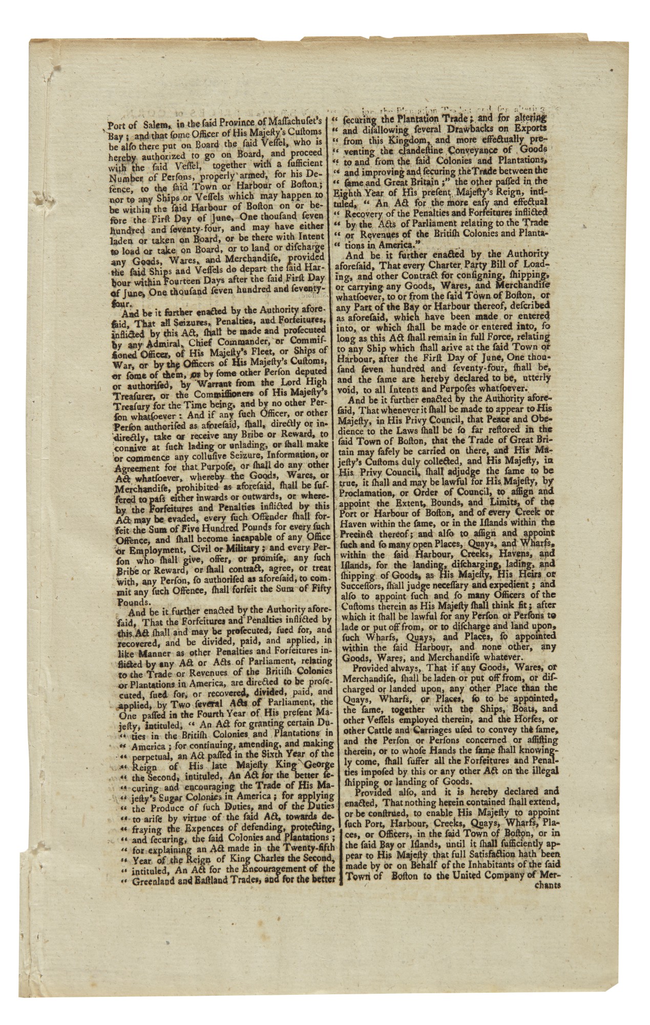 THE BOSTON PORT BILL | "An Act to discontinue, in such Manner and for ...