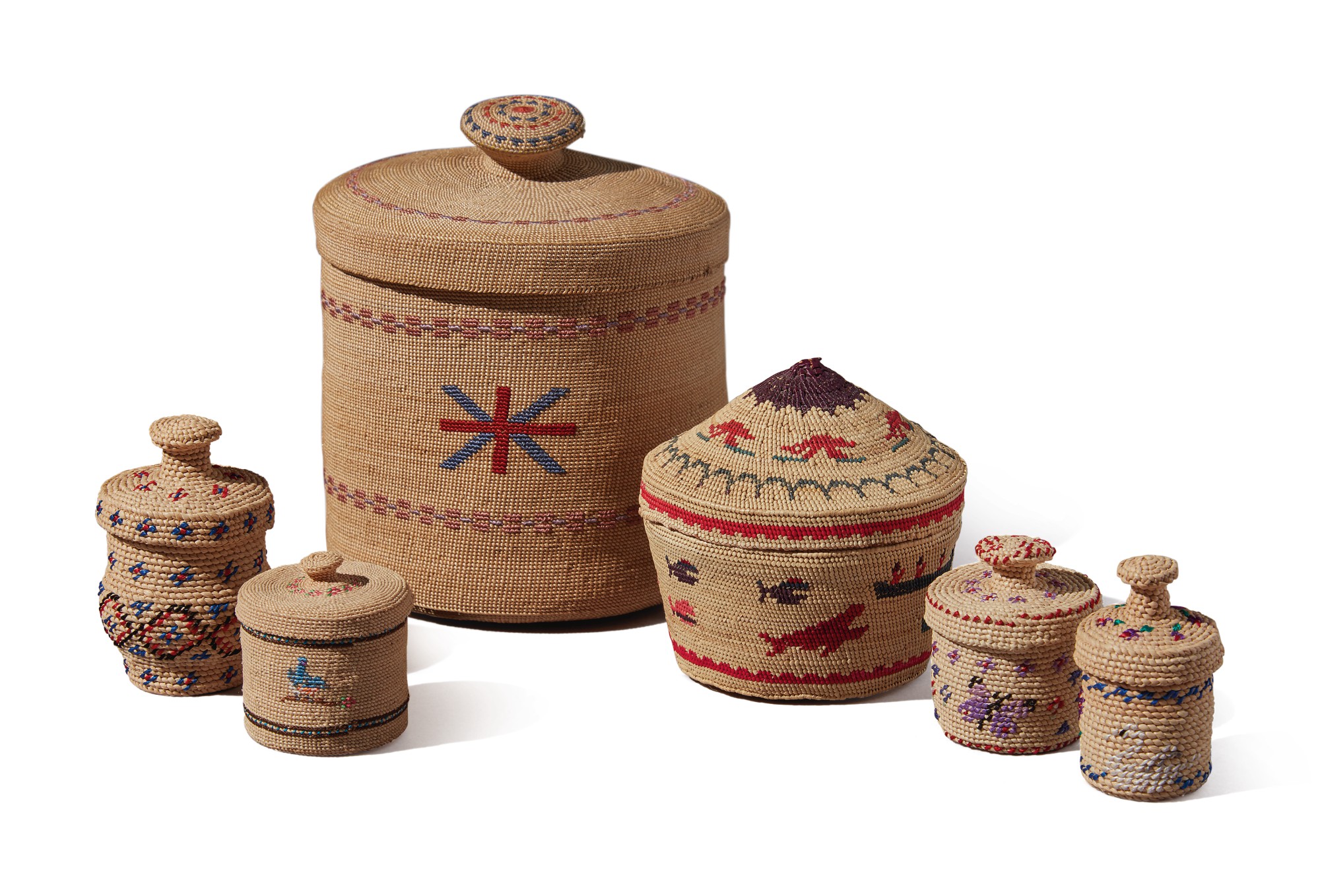 Six Aleutian Islands Twined Lidded Miniature Baskets | Majestic America ...