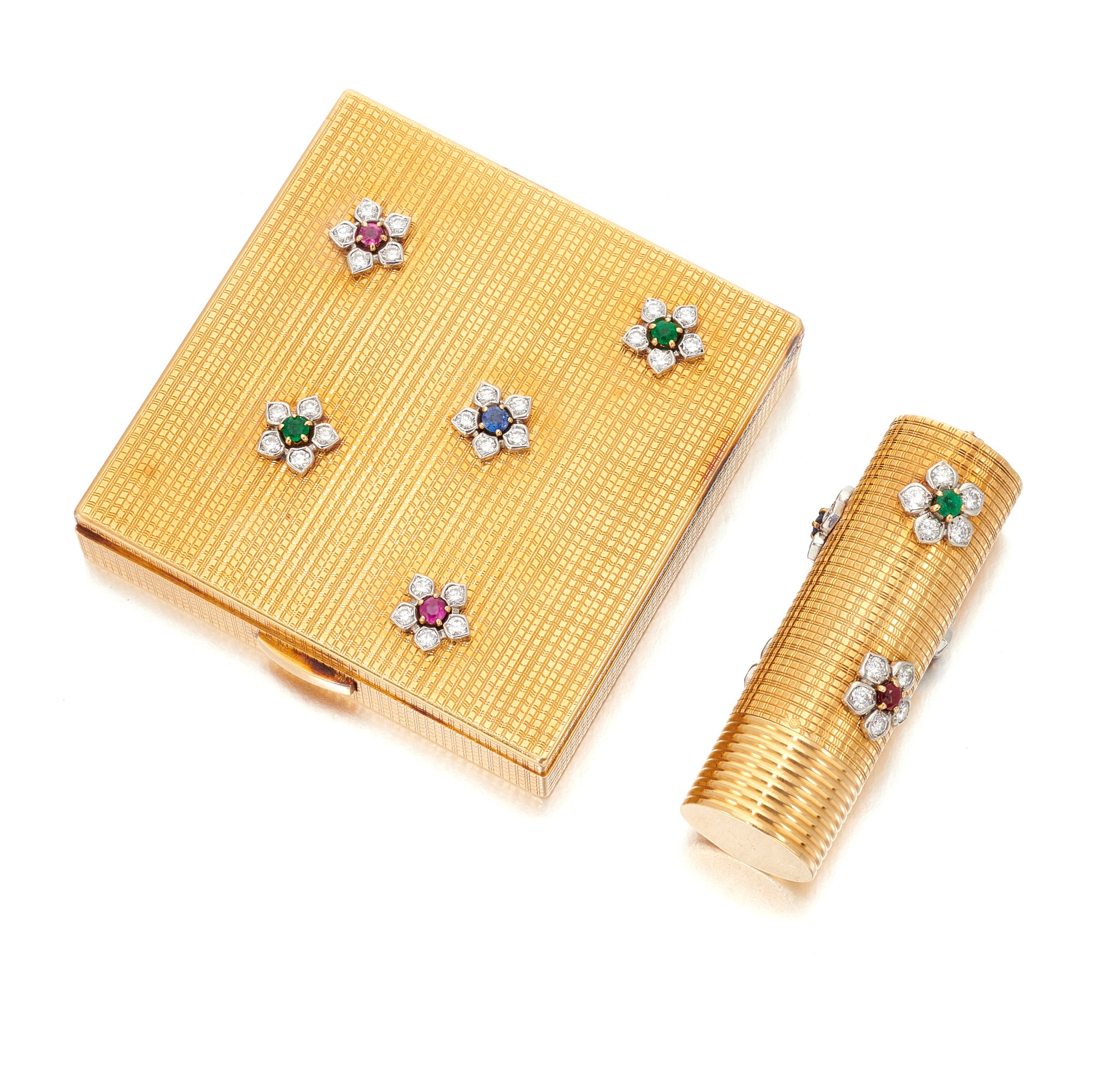 Emerald, ruby, sapphire and diamond powder box and lipstick holder ...