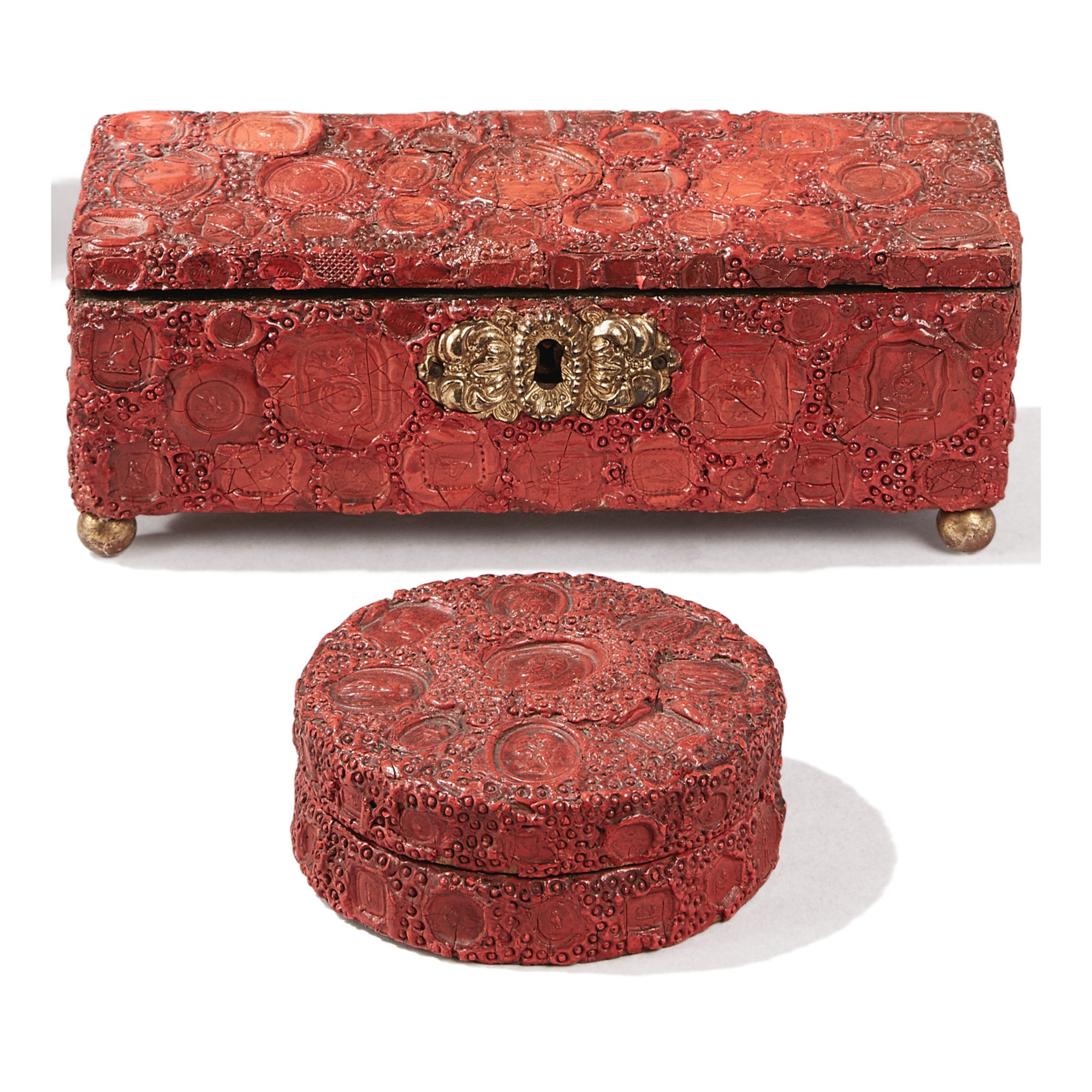 TWO REGENCY RED WAX SEAL BOXES, ONE RECTANGULAR AND ONE CIRCULAR, EARLY ...