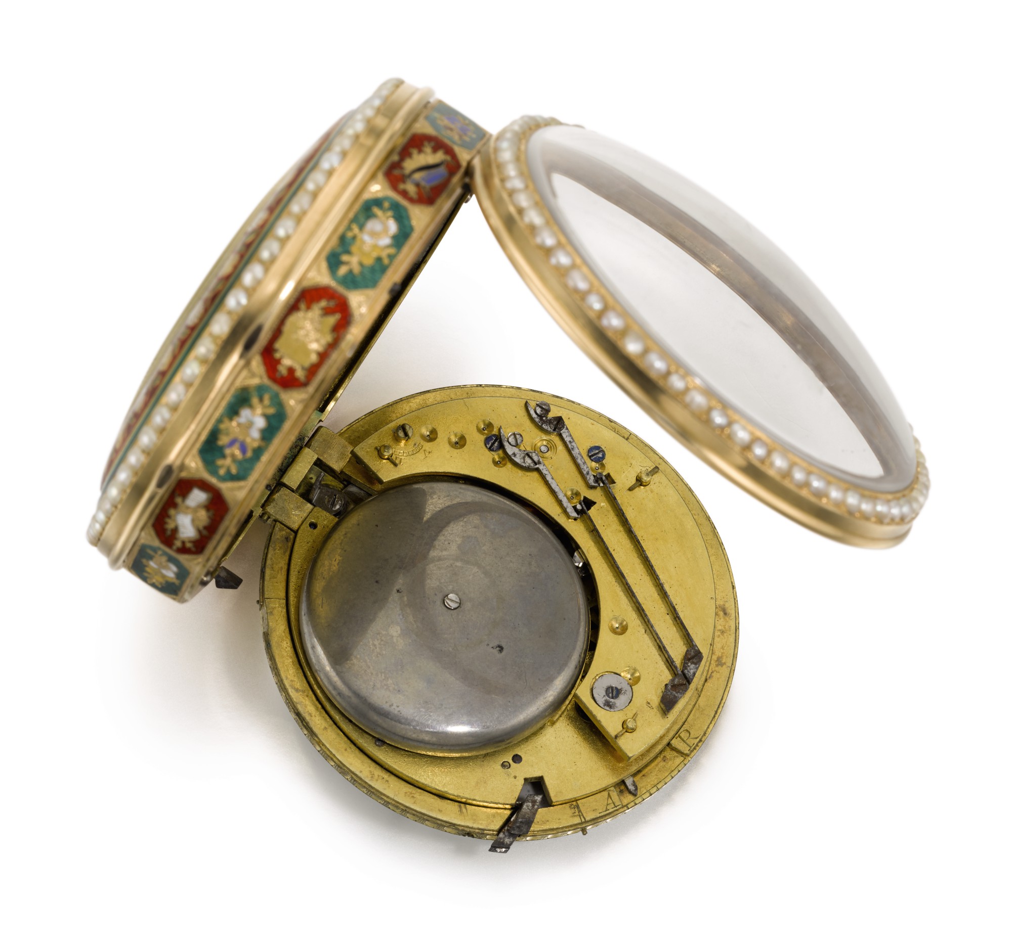 'THE GARDEN THEATRE' SWISS | A RARE GOLD, ENAMEL AND PEARL-SET QUARTER ...