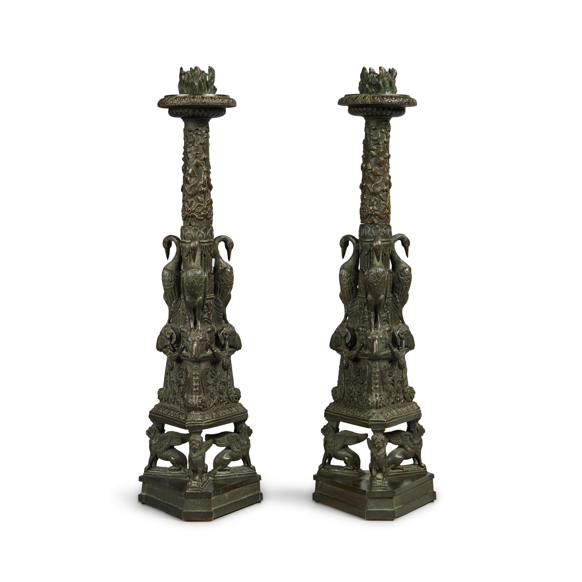 A Pair of Italian Neoclassical Patinated Bronze Figural Candlesticks ...