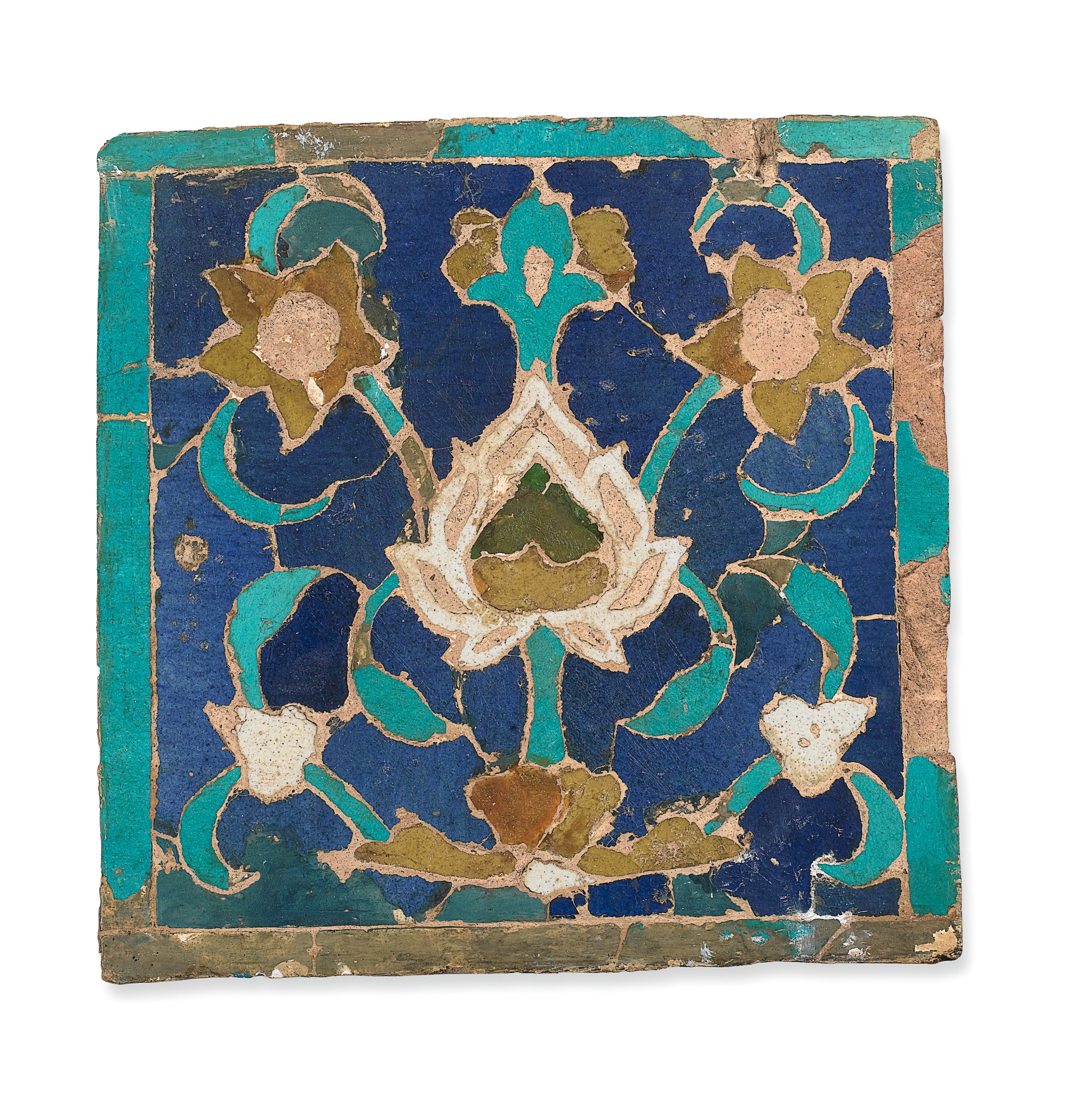 TWO TIMURID CUT TILE MOSAIC SPANDRELS AND A SQUARE TILE, CENTRAL ASIA ...