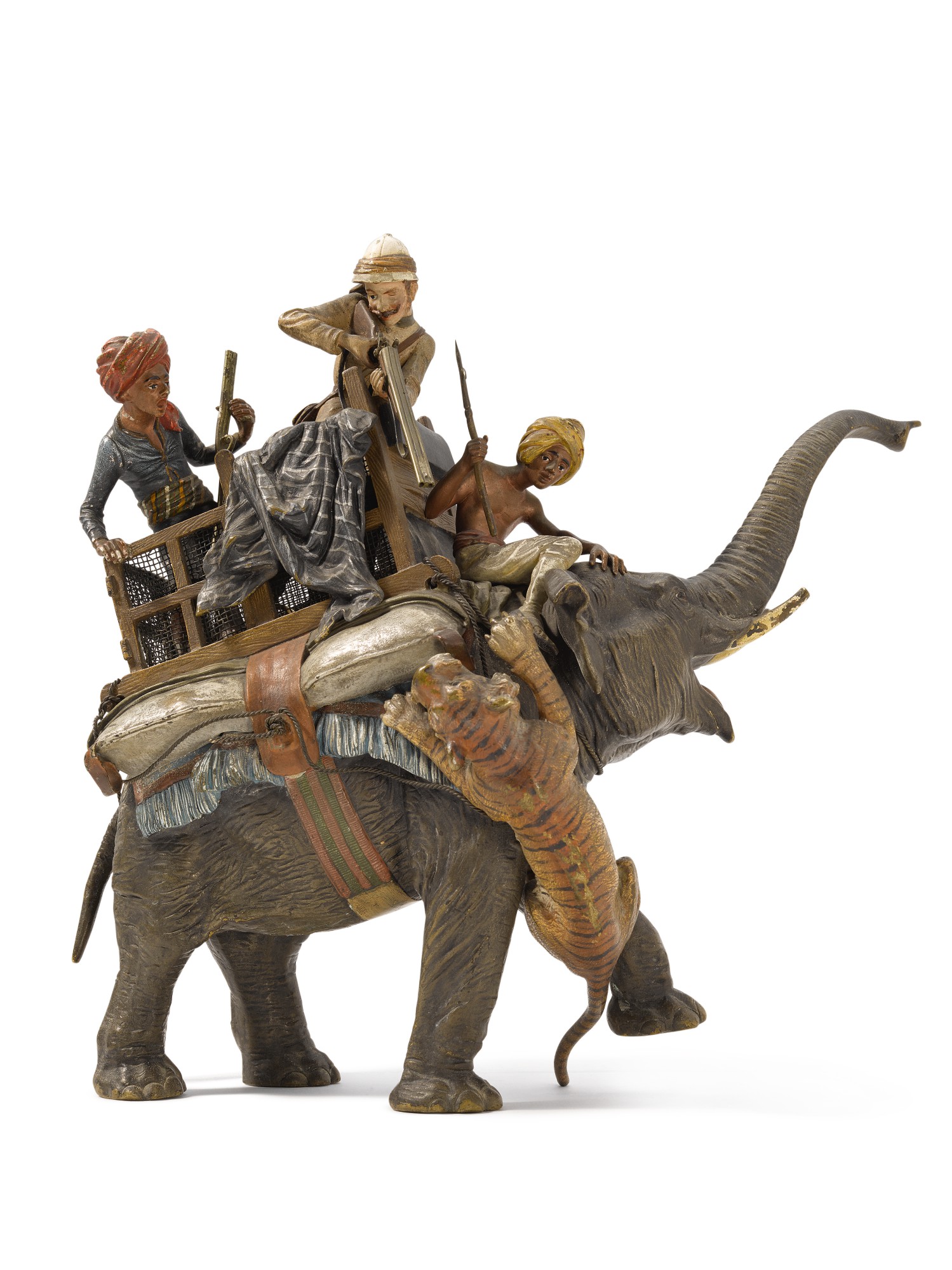 AN AUSTRIAN COLD-PAINTED BRONZE OF A TIGER HUNT, FRANZ BERGMAN, VIENNA ...