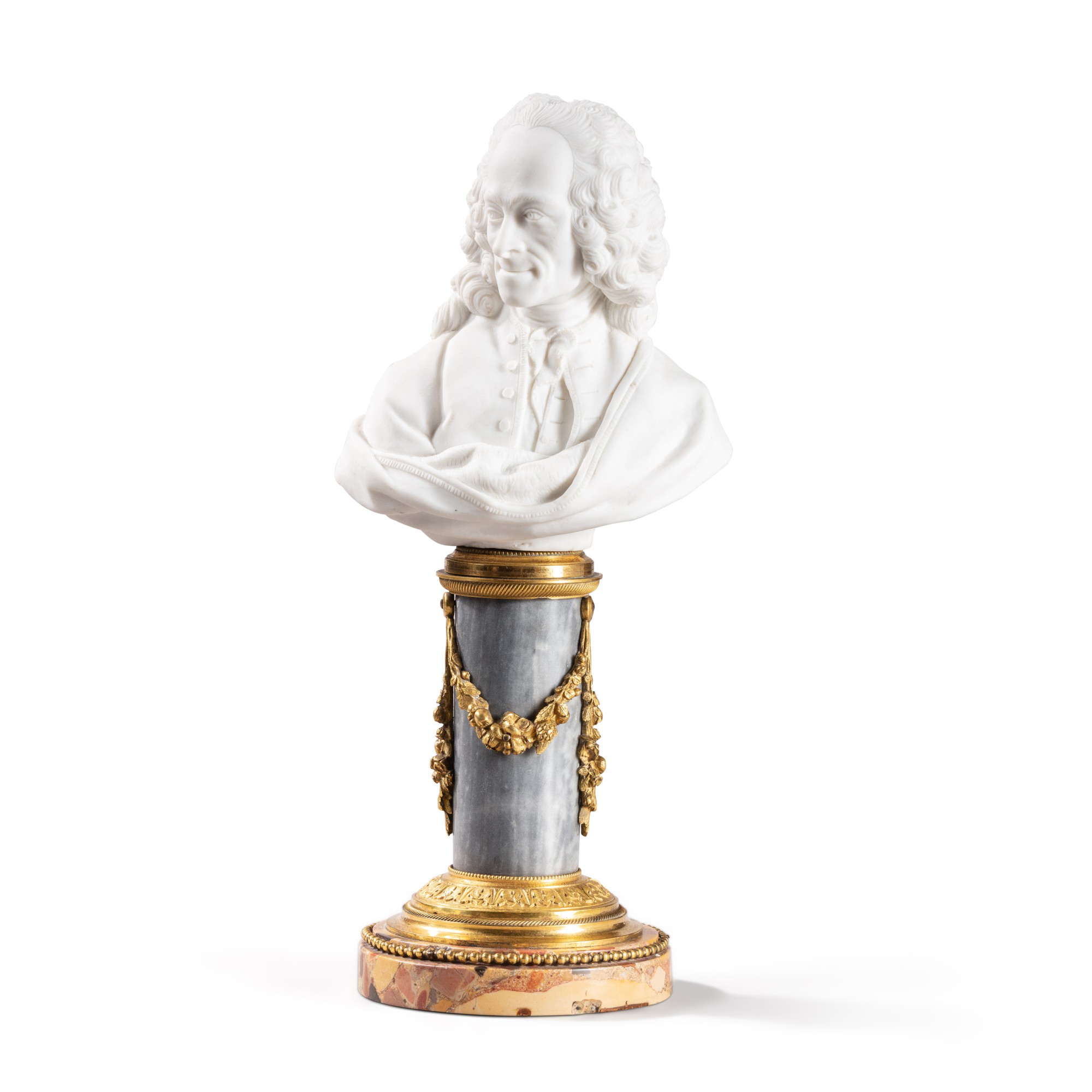 A porcelain bust of Voltaire, probably Tournai on a gilt-bronze marble stand, last quarter 18th ...