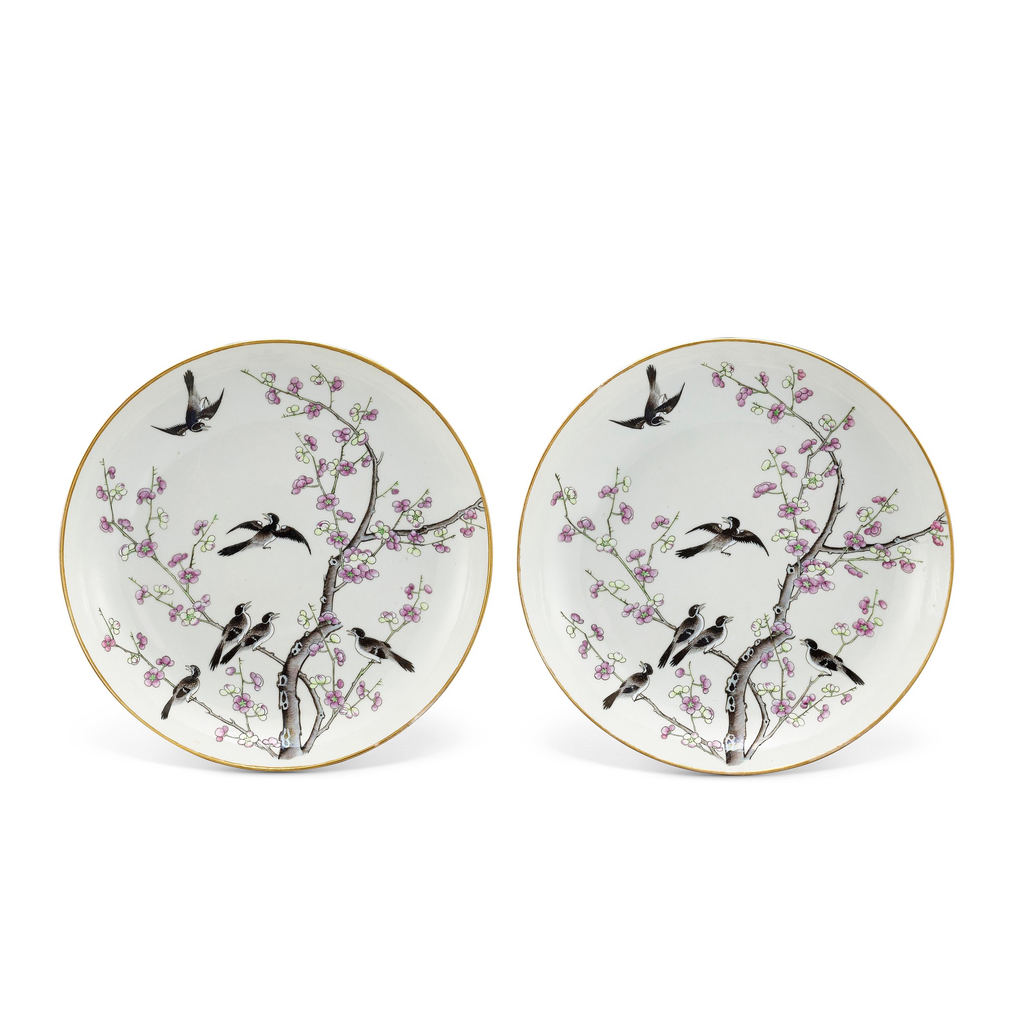 A PAIR OF FAMILLE-ROSE 'MAGPIE AND PRUNUS' DISHES QING DYNASTY, GUANGXU ...