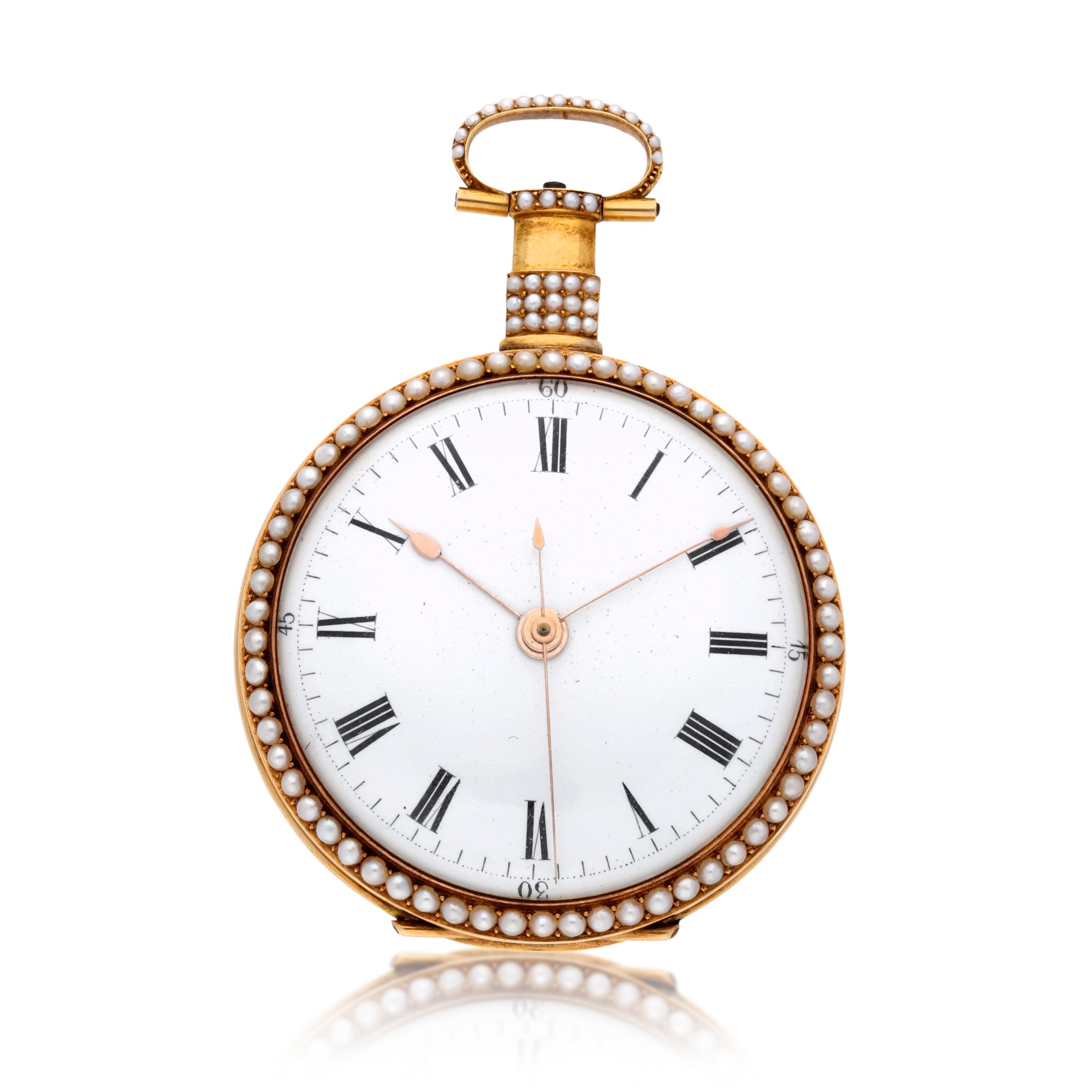 A gold, polychrome enamel painted and pearl-set centre seconds duplex ...