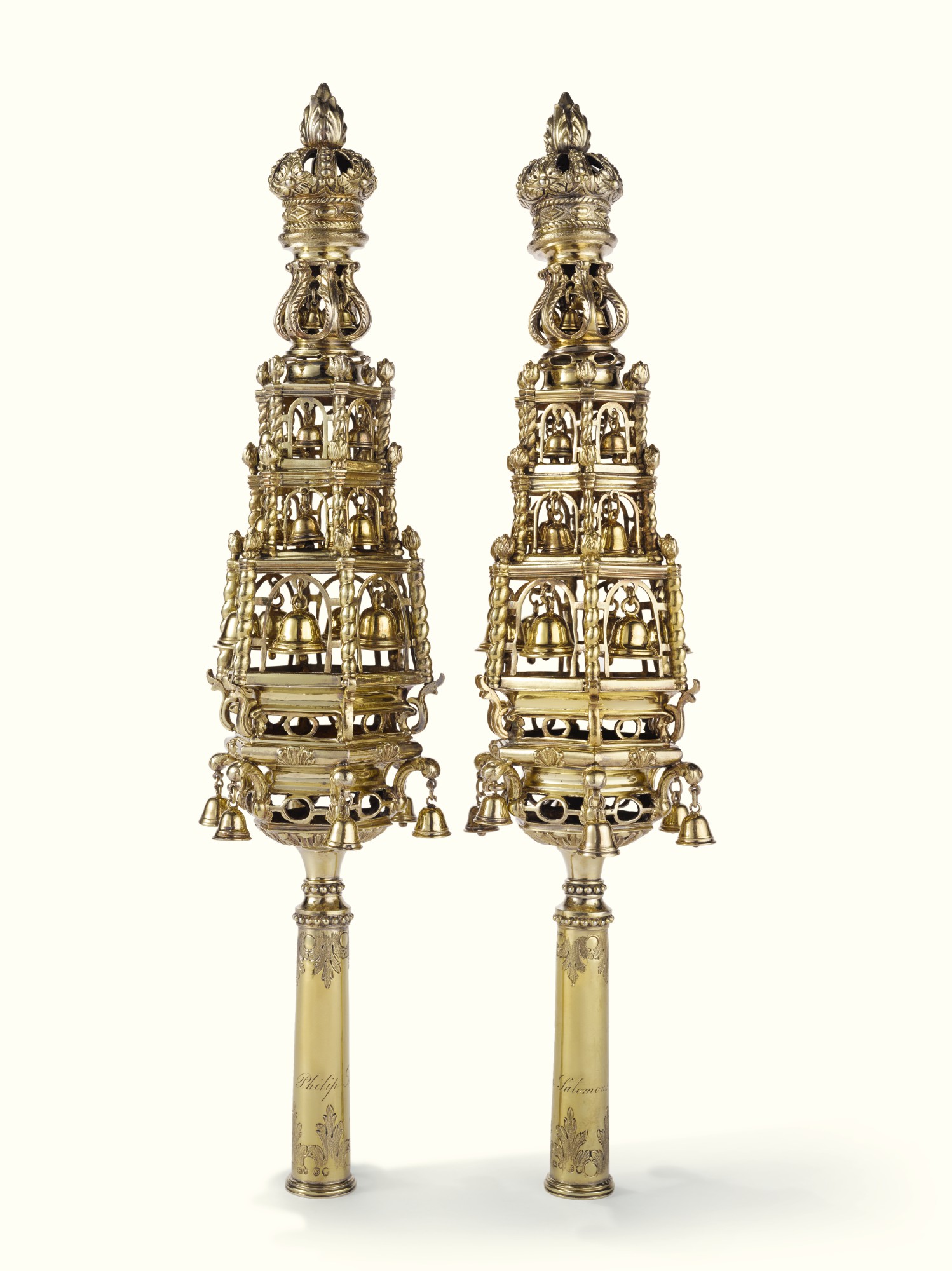 A PAIR OF LARGE ENGLISH SILVER-GILT TORAH FINIALS, CHARLES REILY ...