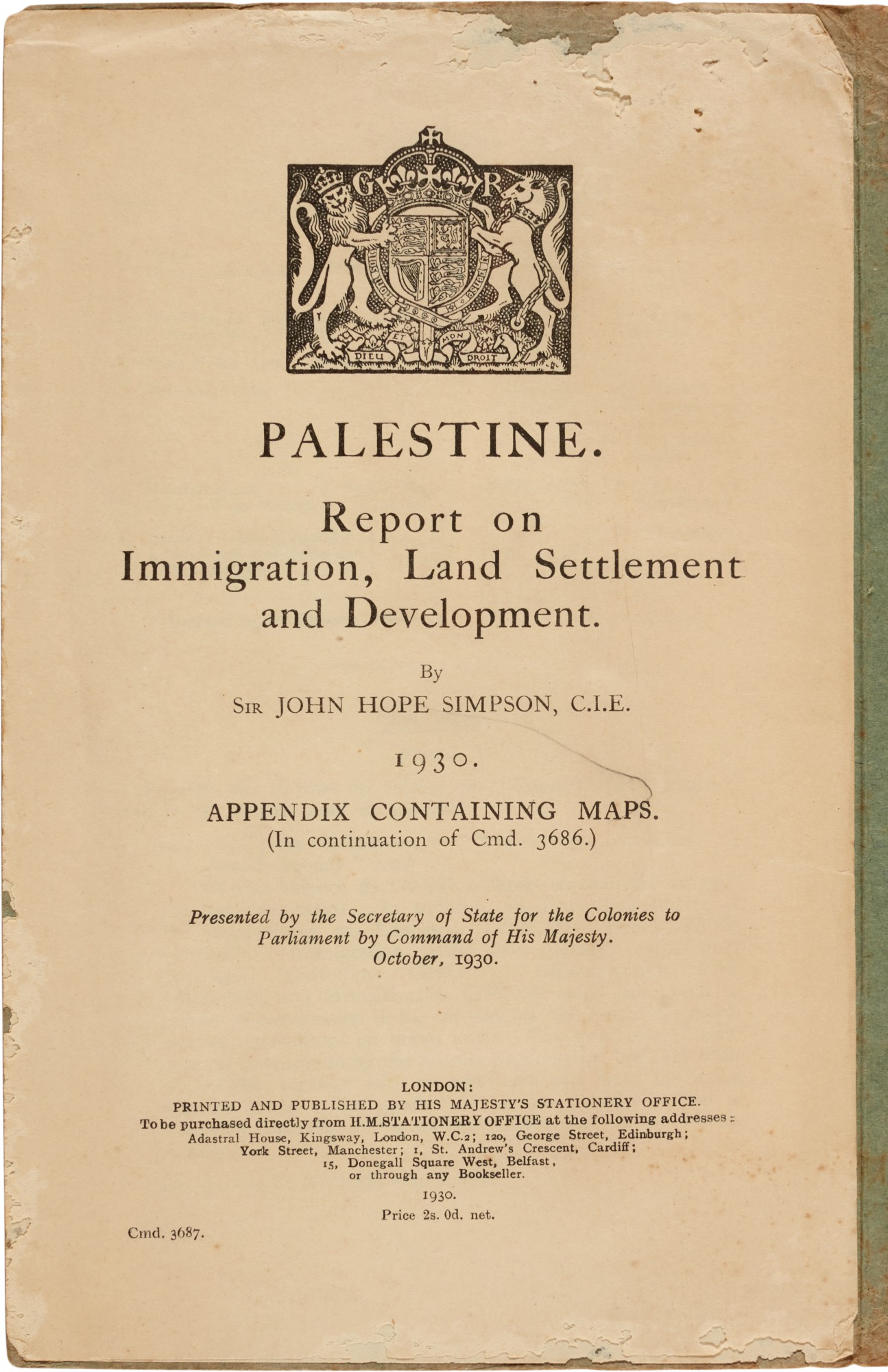 Palestine—Simpson | Report on Immigration, Land Settlement and ...