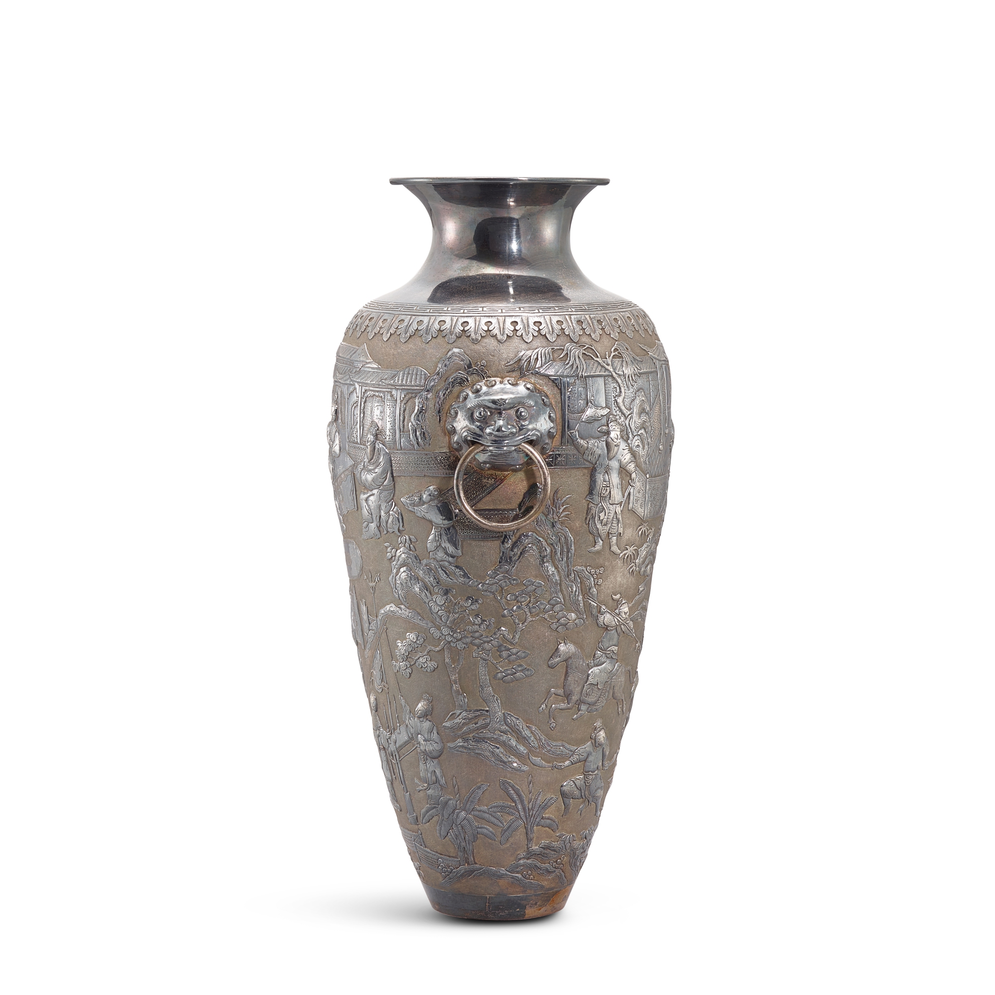 A large repoussé-decorated Chinese export silver vase, Qing dynasty ...