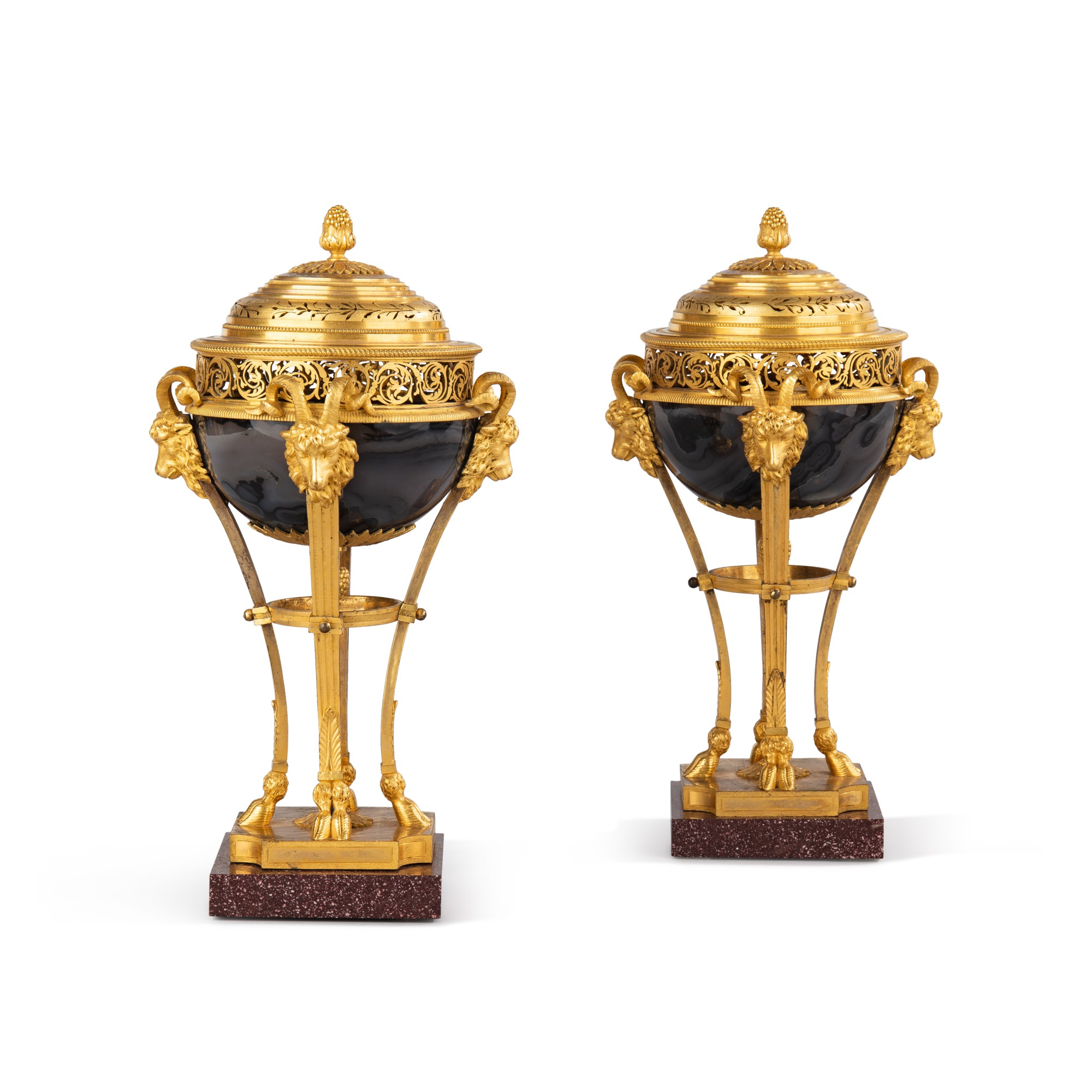 A pair of early Louis XVI gilt-bronze mounted agate pot-pourri ...