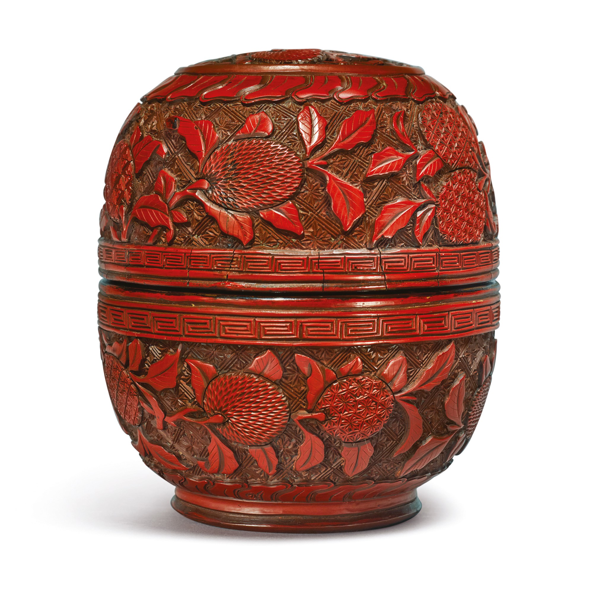 A CARVED CINNABAR LACQUER 'LYCHEE' BOX AND COVER, MING DYNASTY, 16TH ...