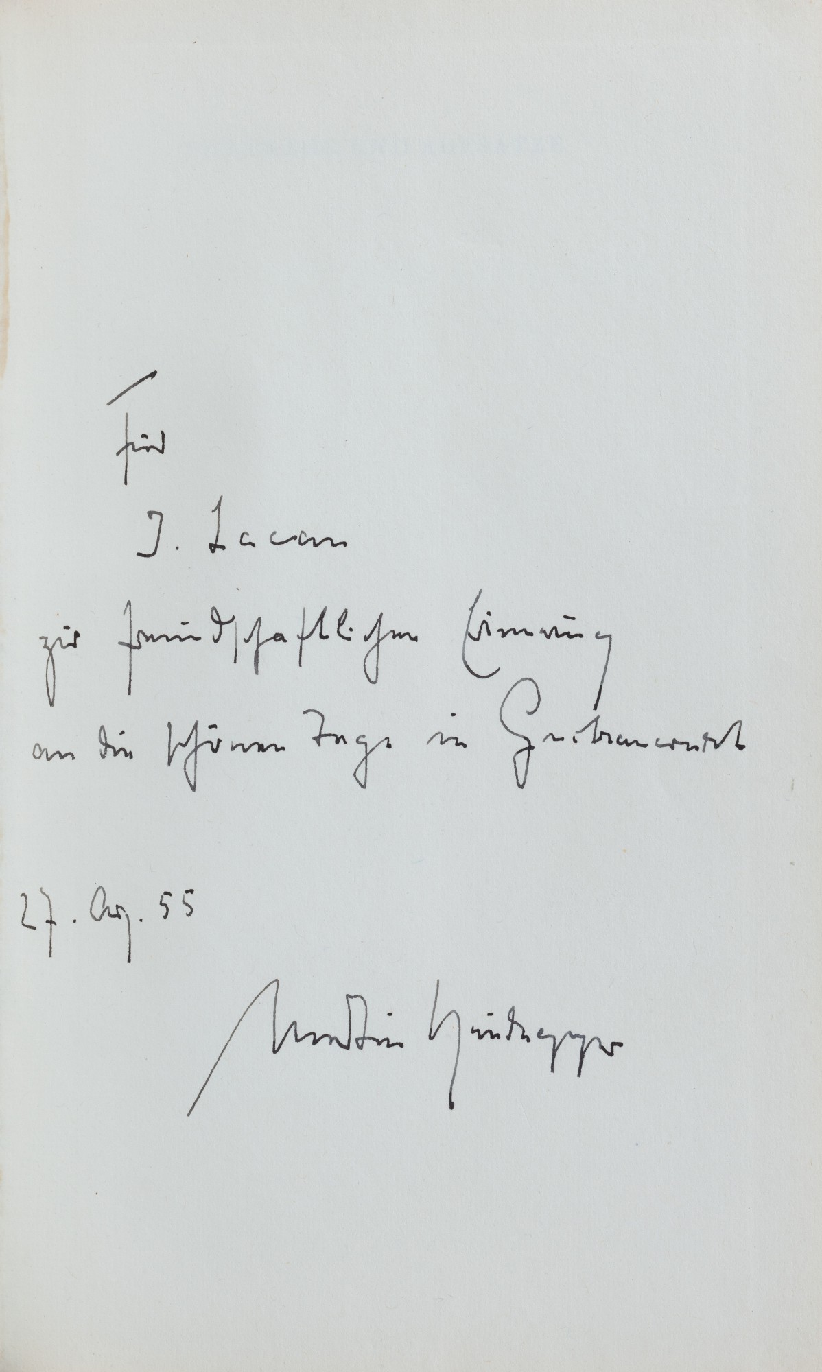 HEIDEGGER. 11 ouvrages avec envoi du philosophe à Jacques Lacan. On ...