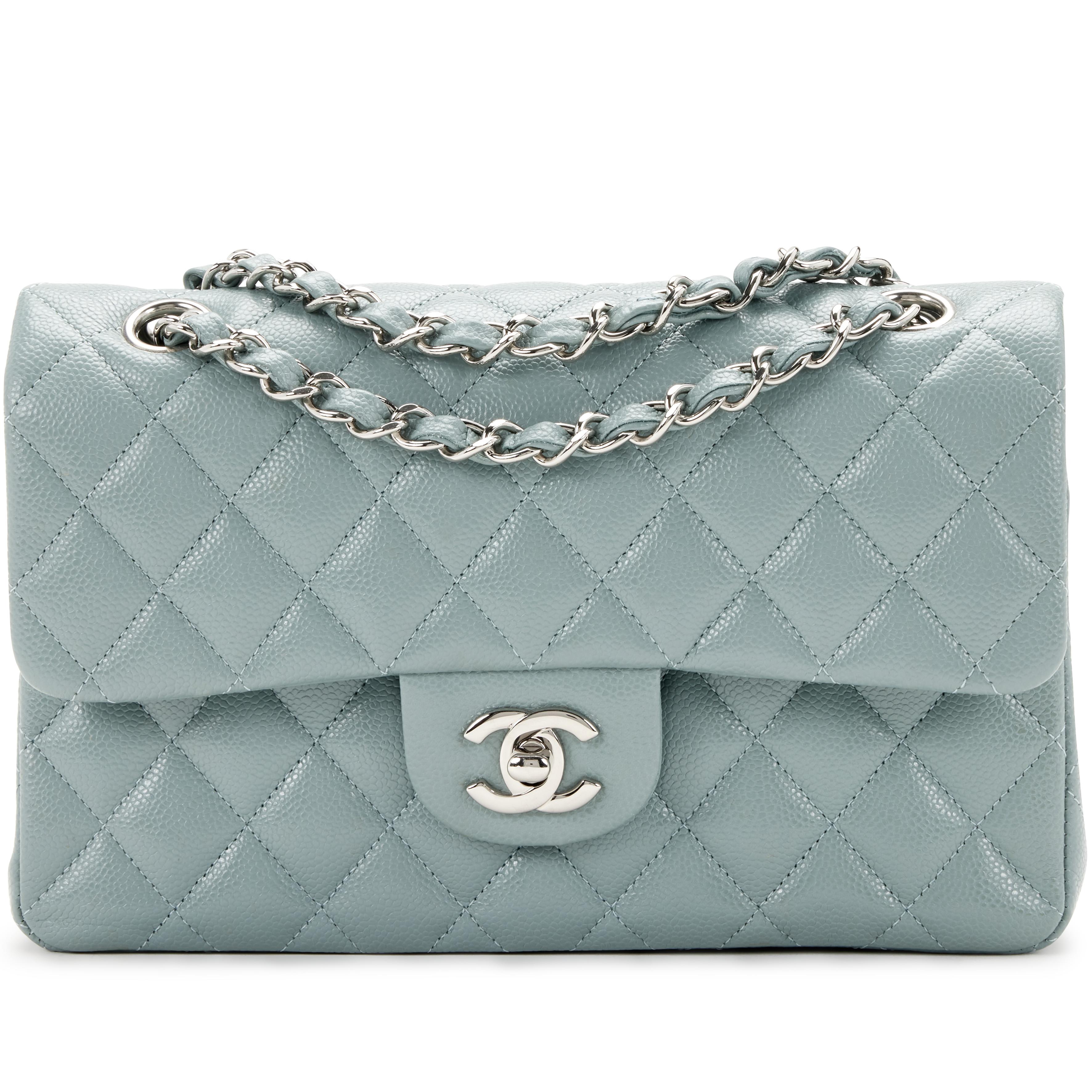 Chanel Light Teal Quilted Caviar Small Classic Double Flap Silver ...