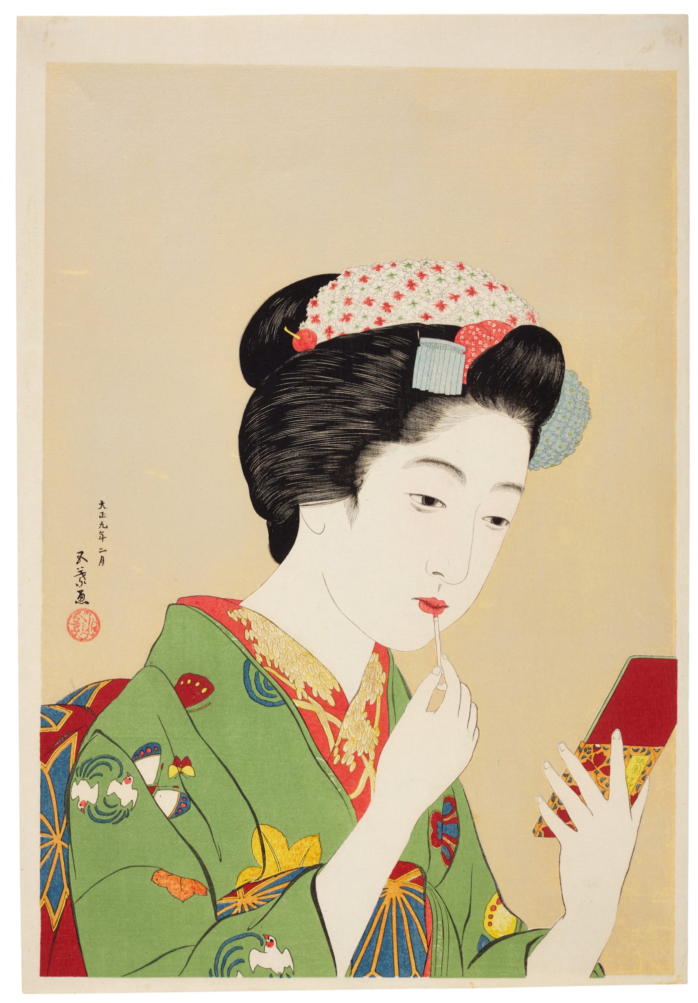 HASHIGUCHI GOYO (1880-1921) GIRL HOLDING LIPSTICK (BENIFUDE MOTERU ONNA ...