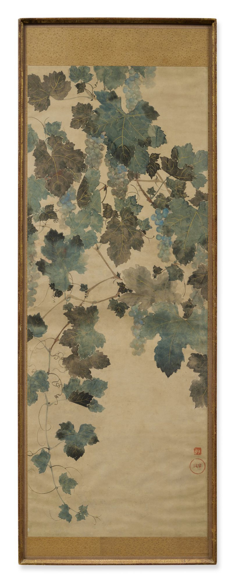Rimpa School, Painting of grape vines, ink and color on paper, hanging ...