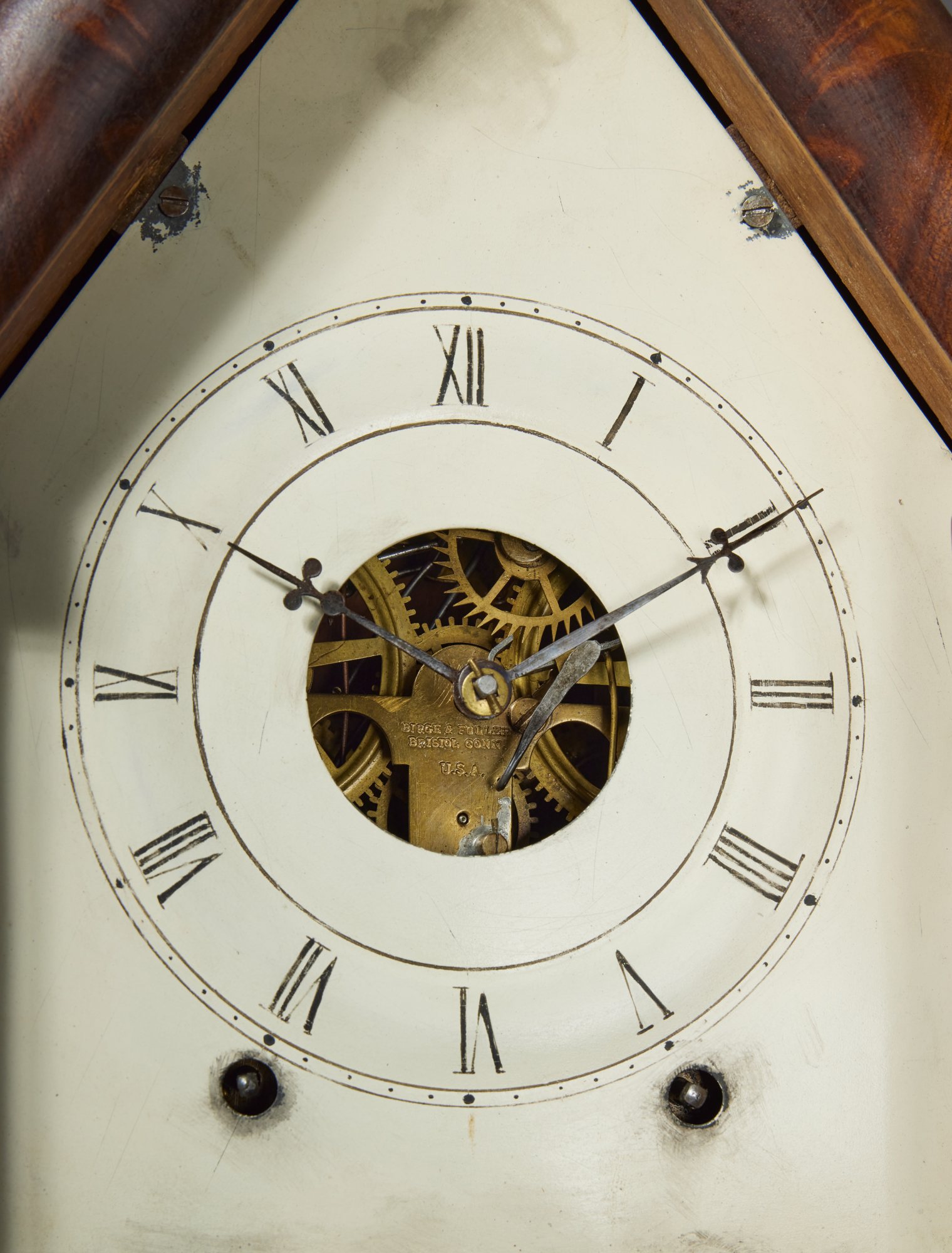 A Classical Églomisé and Figured Mahogany Wagon Spring Double-Steeple ...