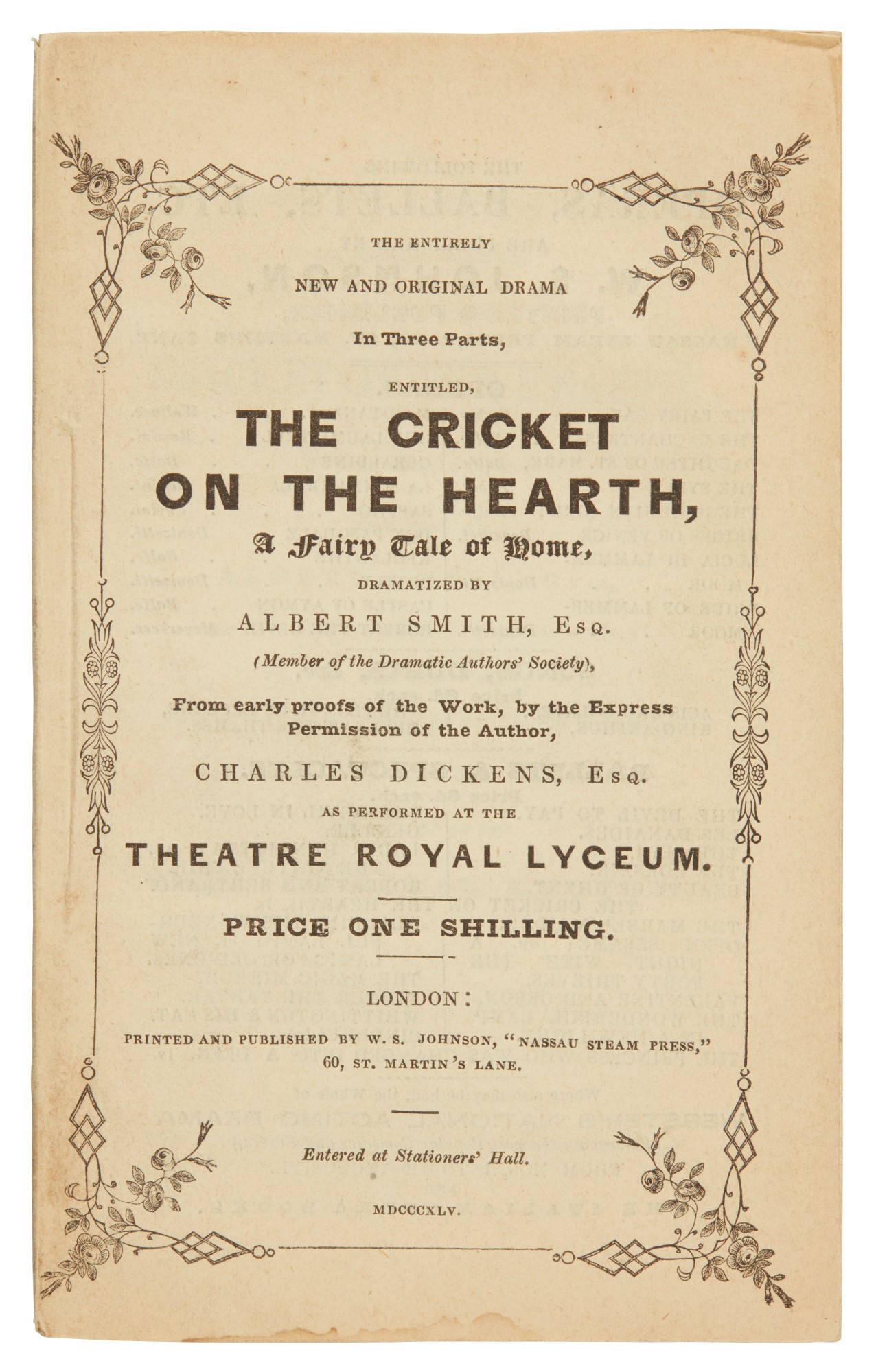 Dickens, The Cricket on the Hearth...Dramatized by Albert Smith, 1845 ...