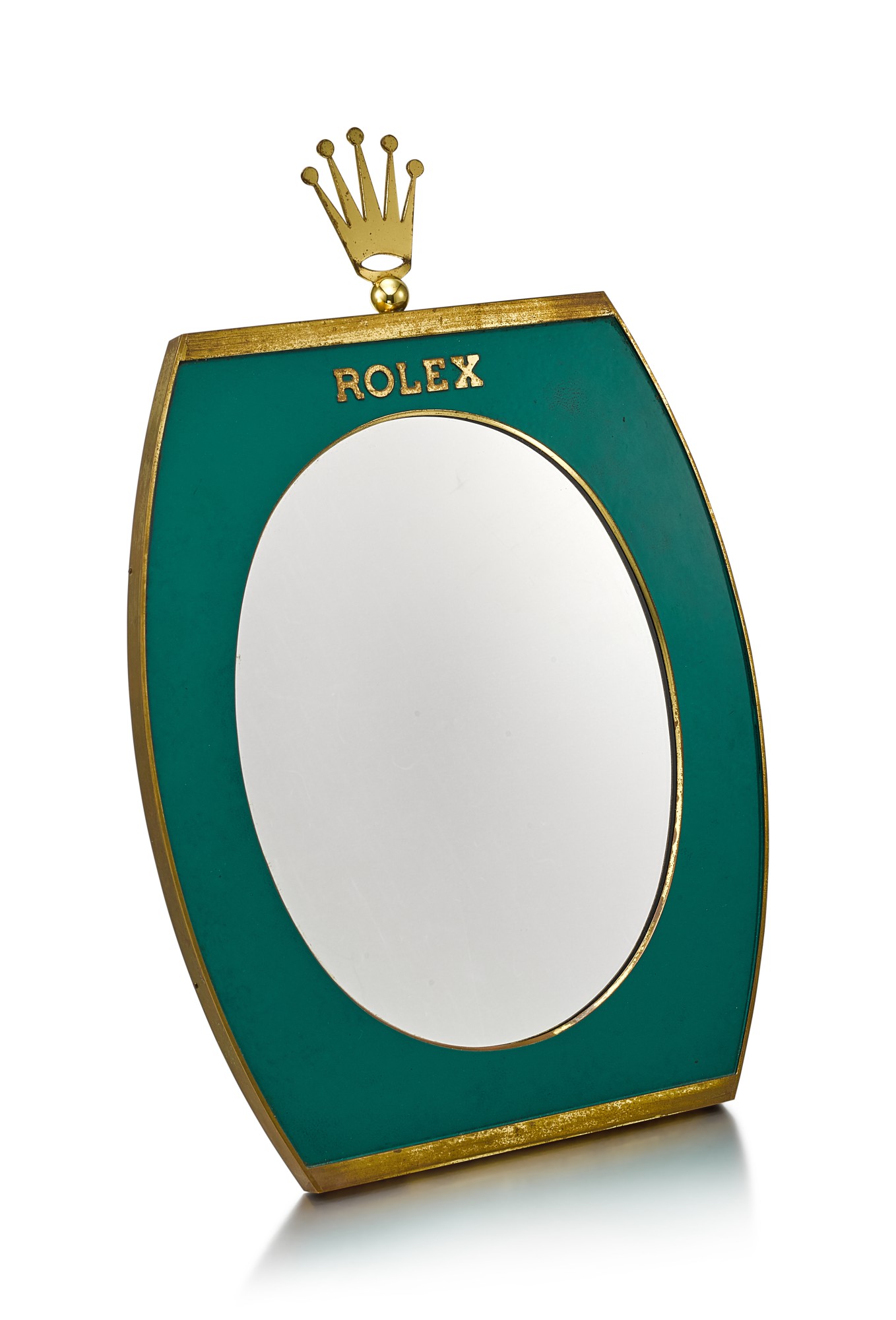 ROLEX | A GILT BRASS AND GREEN ENAMEL RETAILER'S DISPLAY MIRROR WITH ...