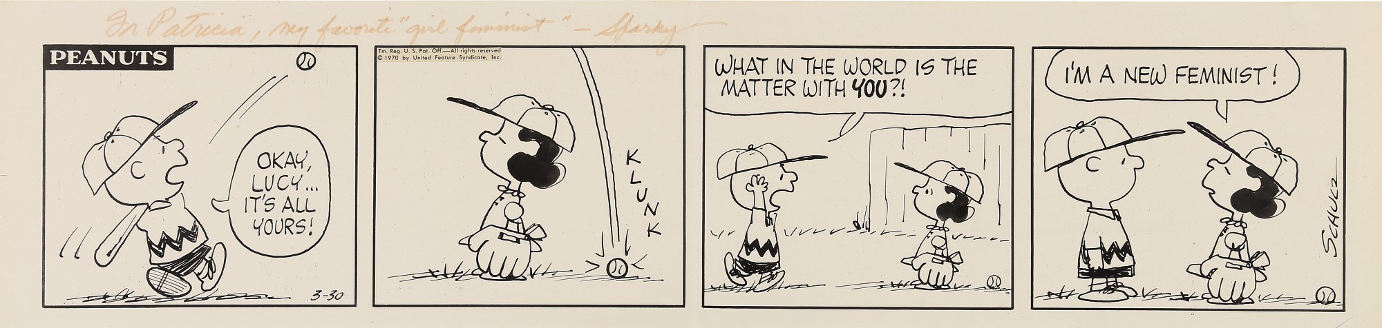 SCHULZ, CHARLES | Original four-panel daily Peanuts comic strip signed ...