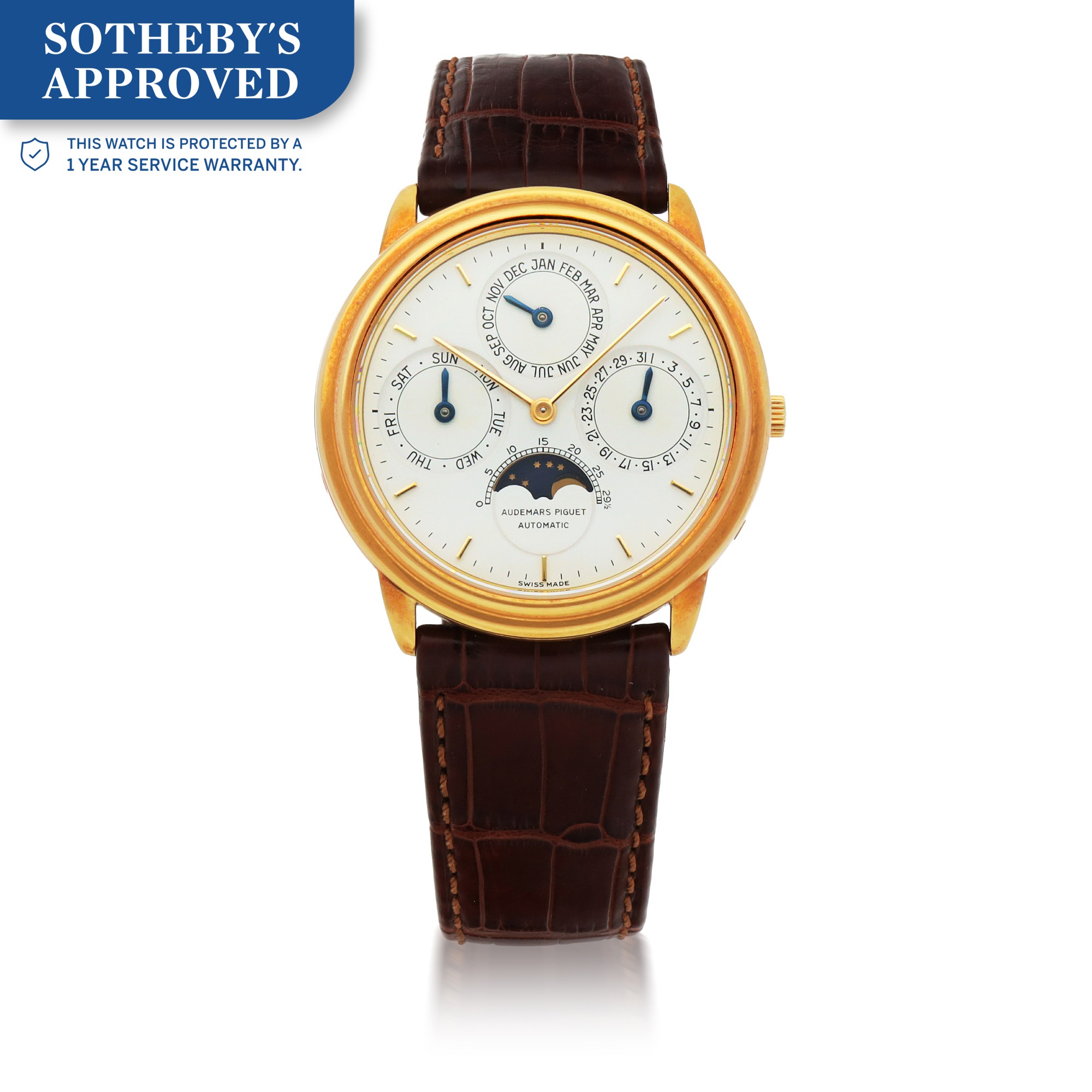 YELLOW GOLD PERPETUAL CALENDAR WRISTWATCH WITH MOON PHASES CIRCA 1990 ...