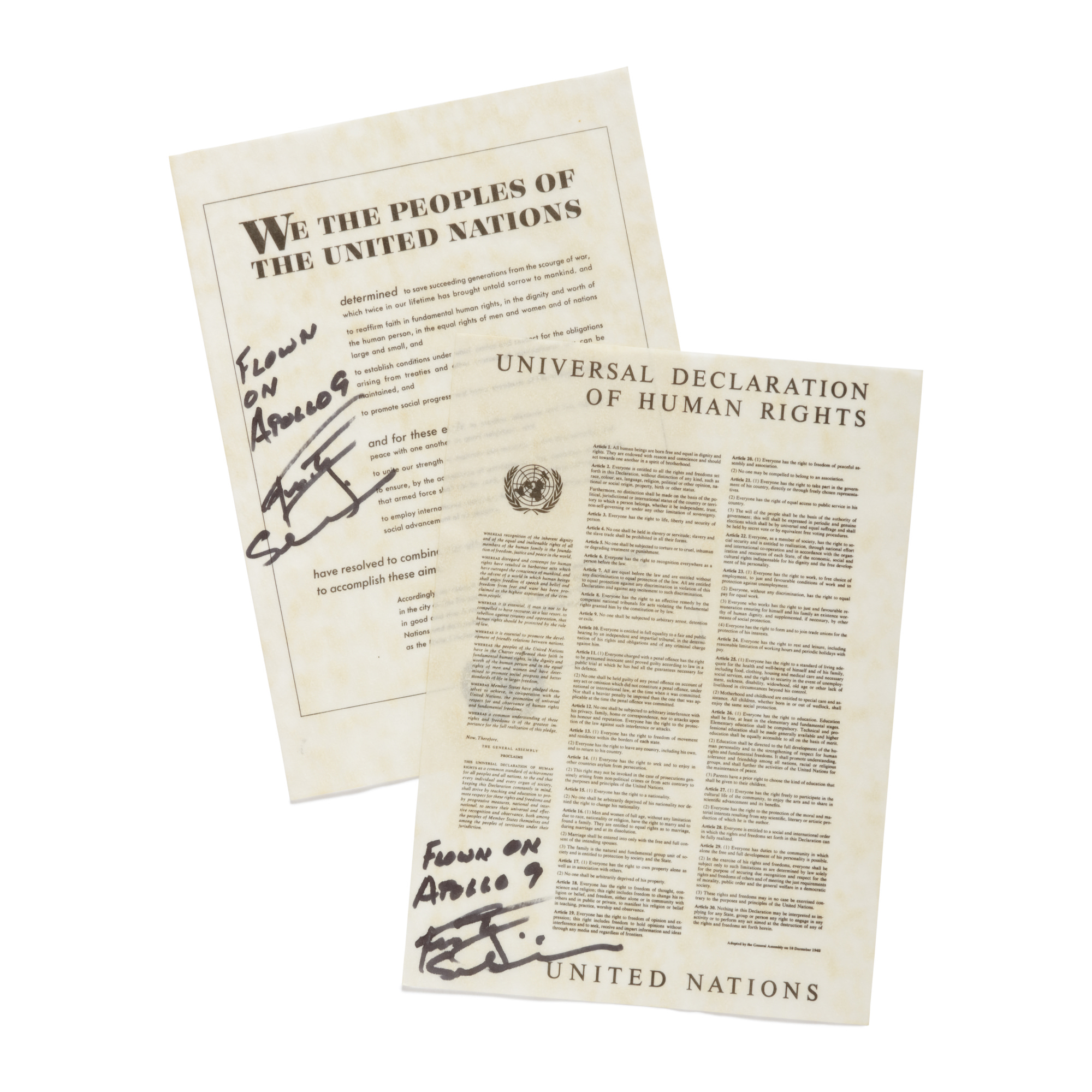 [APOLLO 9]. FLOWN ON APOLLO 9. TWO COMMEMORATIVE UNITED NATIONS ...