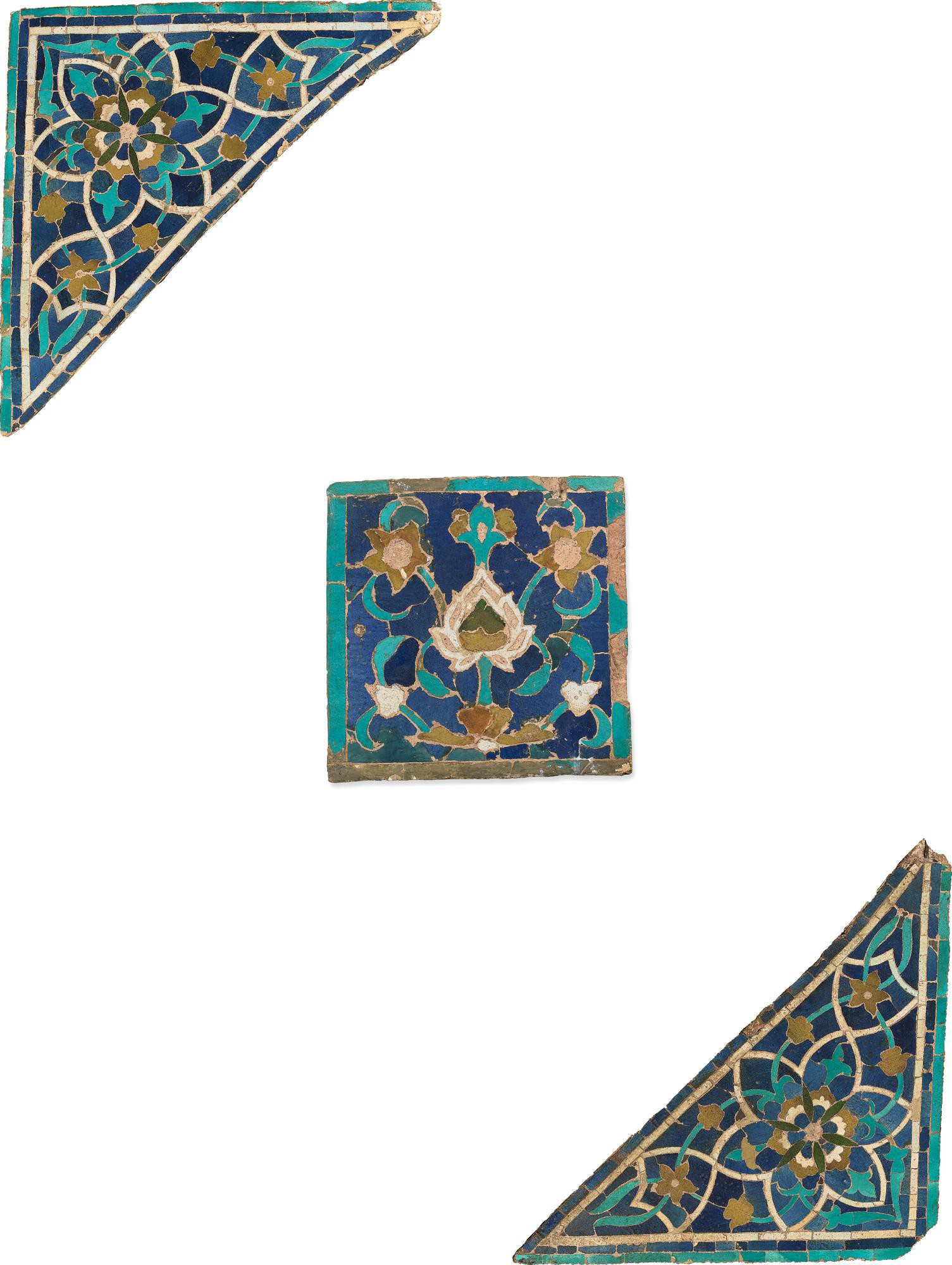 TWO TIMURID CUT TILE MOSAIC SPANDRELS AND A SQUARE TILE, CENTRAL ASIA ...