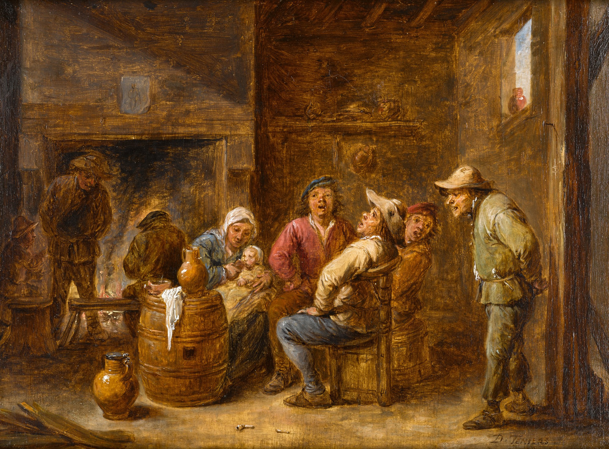 A cottage interior with peasants singing and a mother with her child ...
