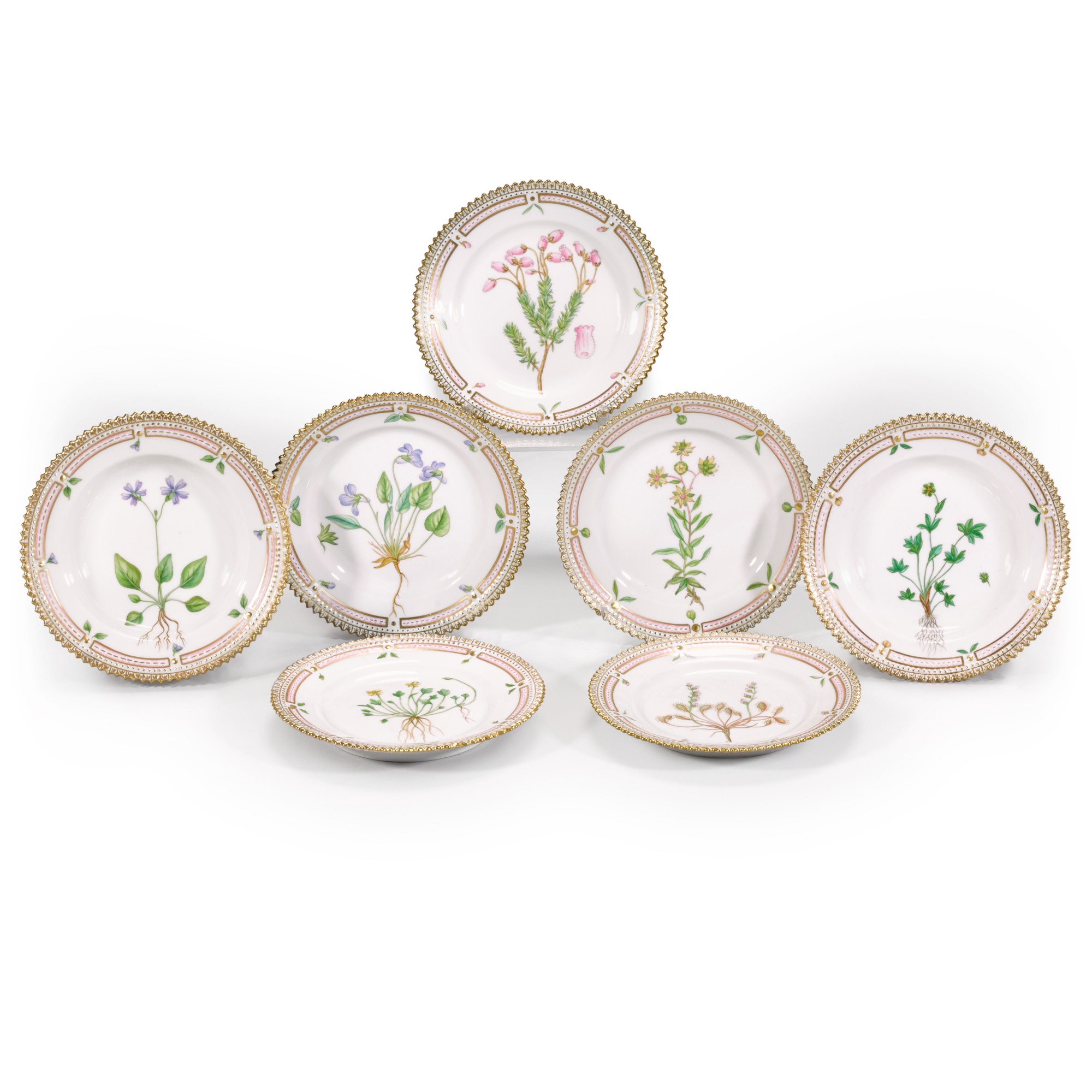 Five Royal Copenhagen Flora Danica small side plates and two small deep ...