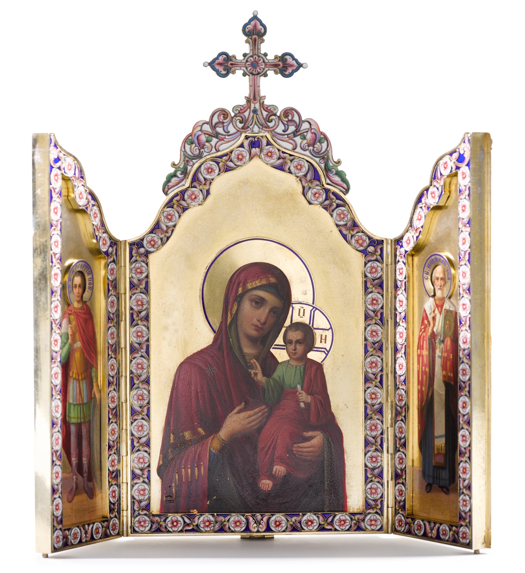 A silver-gilt and shaded enamel travelling triptych icon, Ivan Alekseev, Moscow, 1899-1908 ...