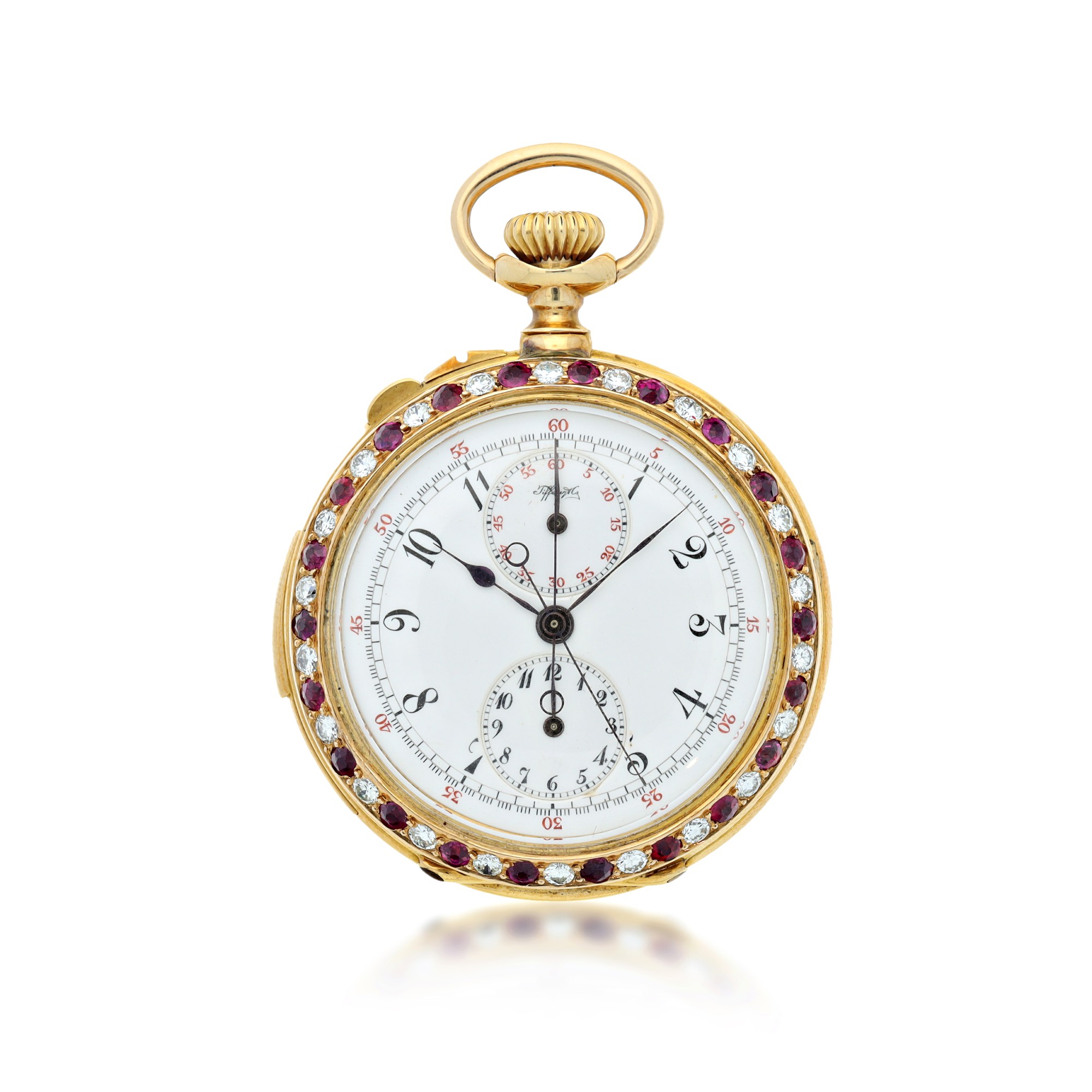 TIFFANY TIMER, A FINE YELLOW GOLD, DIAMOND AND RUBY-SET OPEN FACED ...