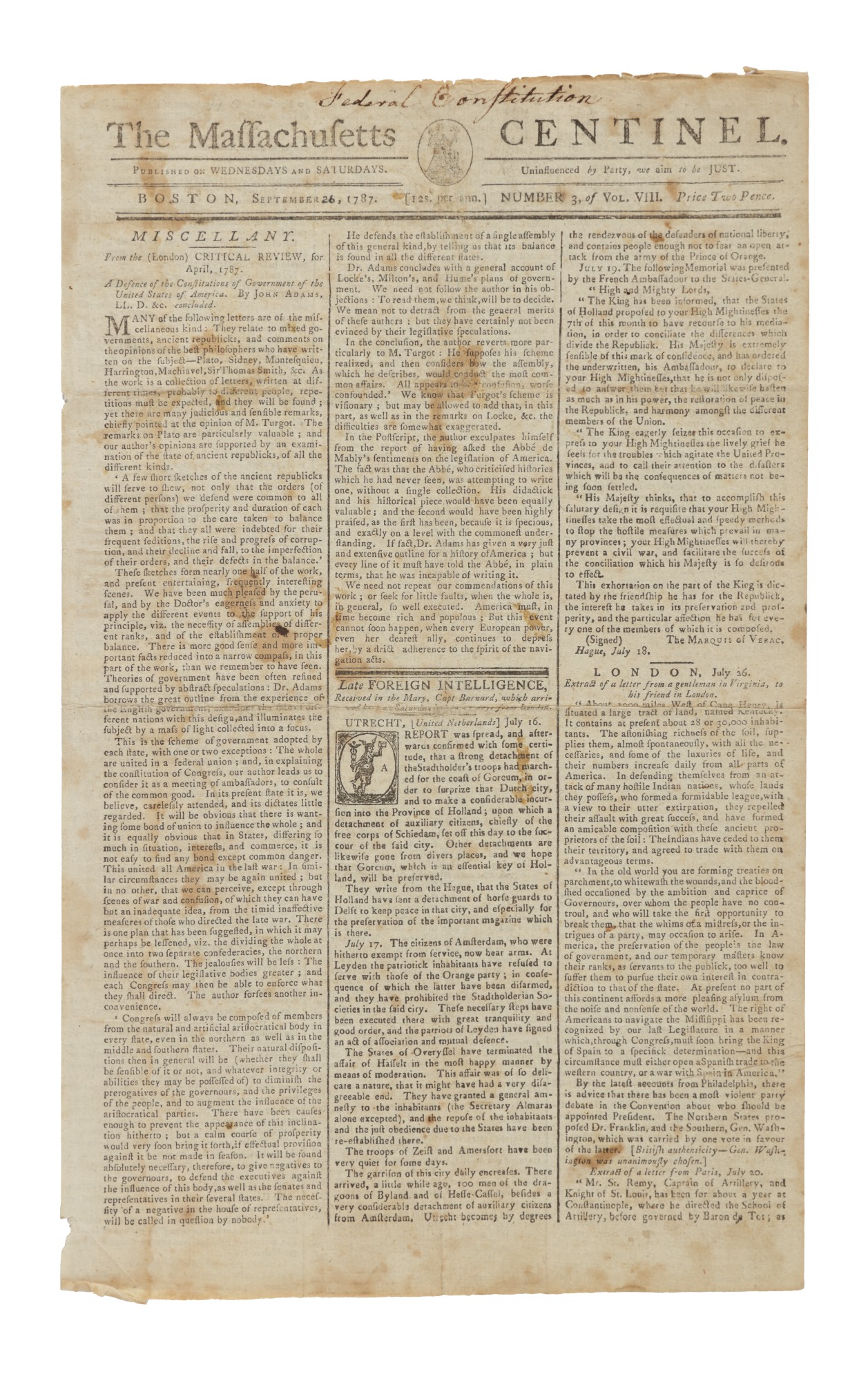 [United States Constitution] | The First Massachusetts Printing of the ...