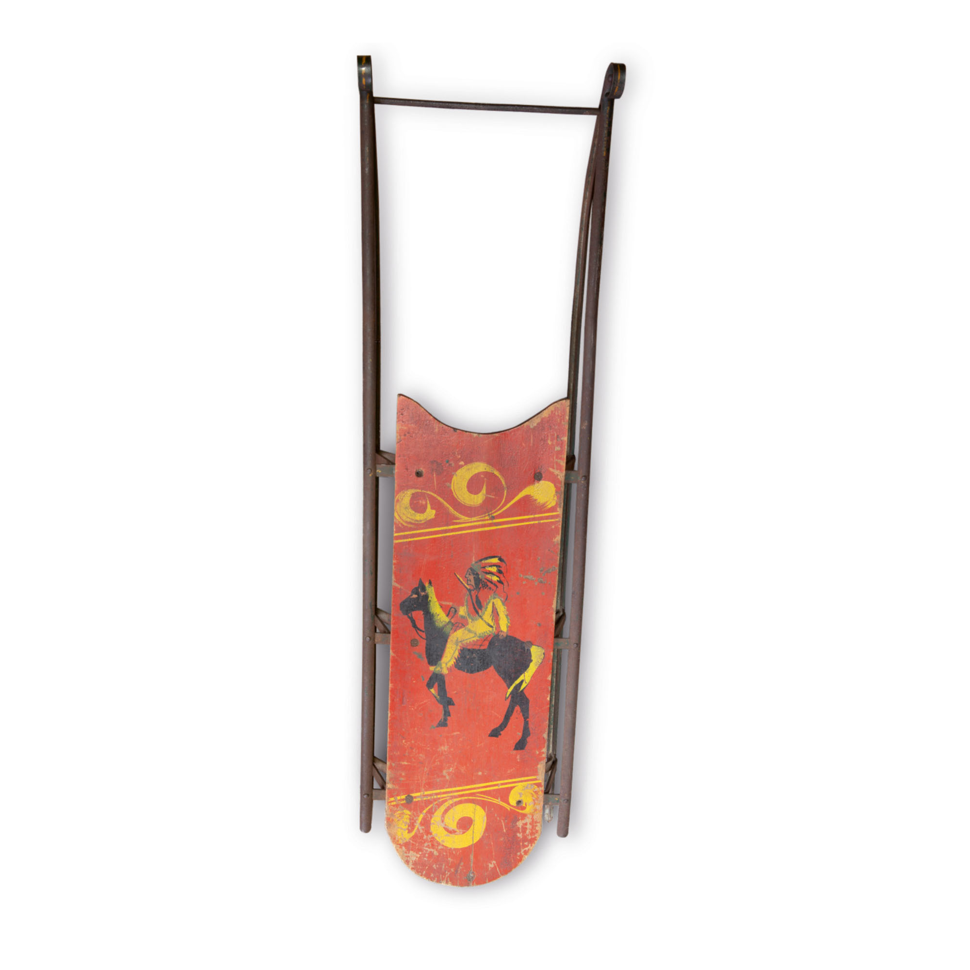 CHILD'S RED AND POLYCHROME PAINT-DECORATED WOOD SLED WITH NATIVE ...