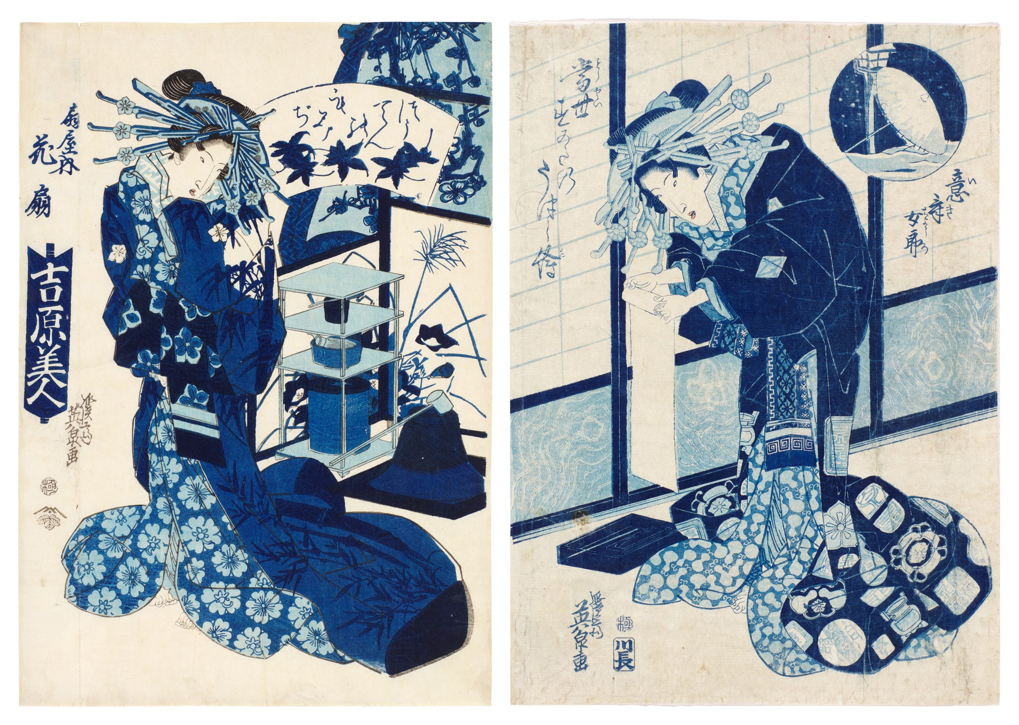 Keisai Eisen (1790-1848) Two aizuri-e woodblock prints, Edo period ...
