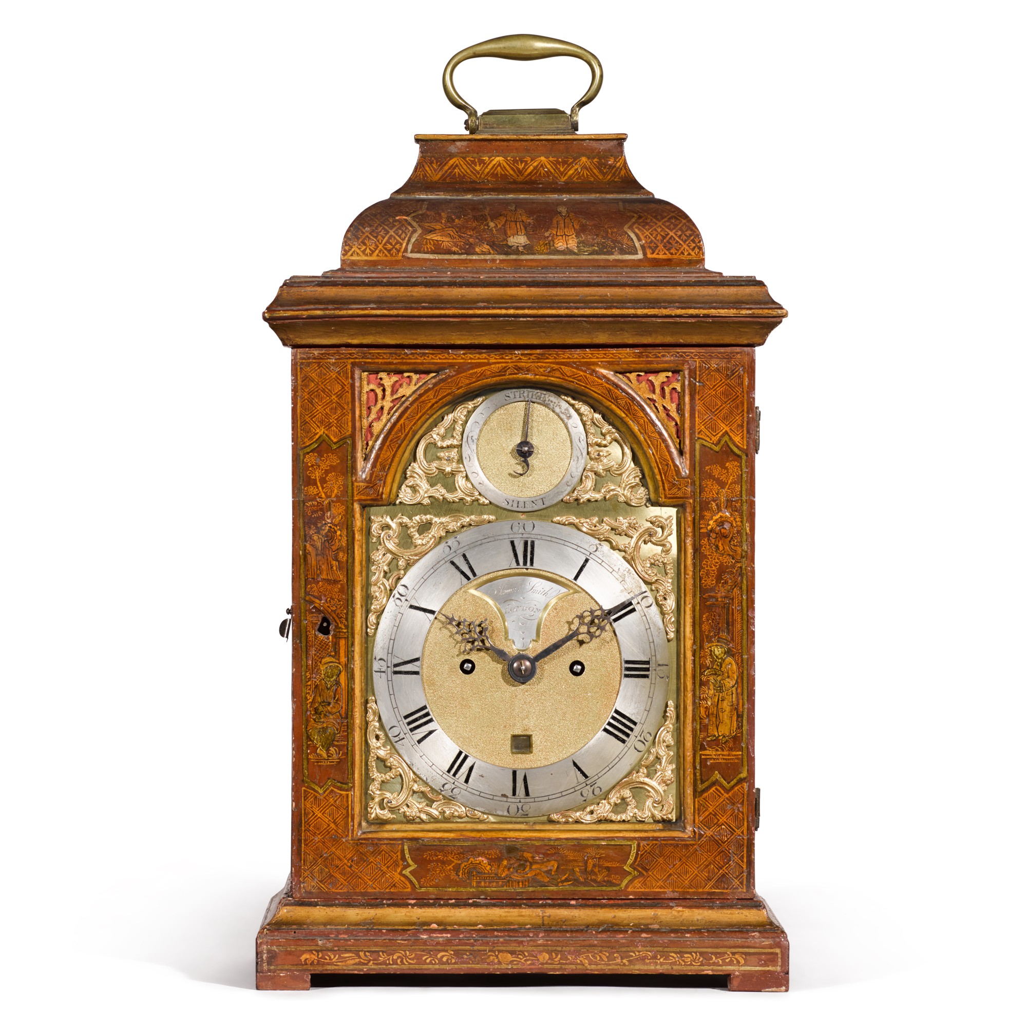 A George III red japanned table clock, James Smith, London, circa 1760 ...
