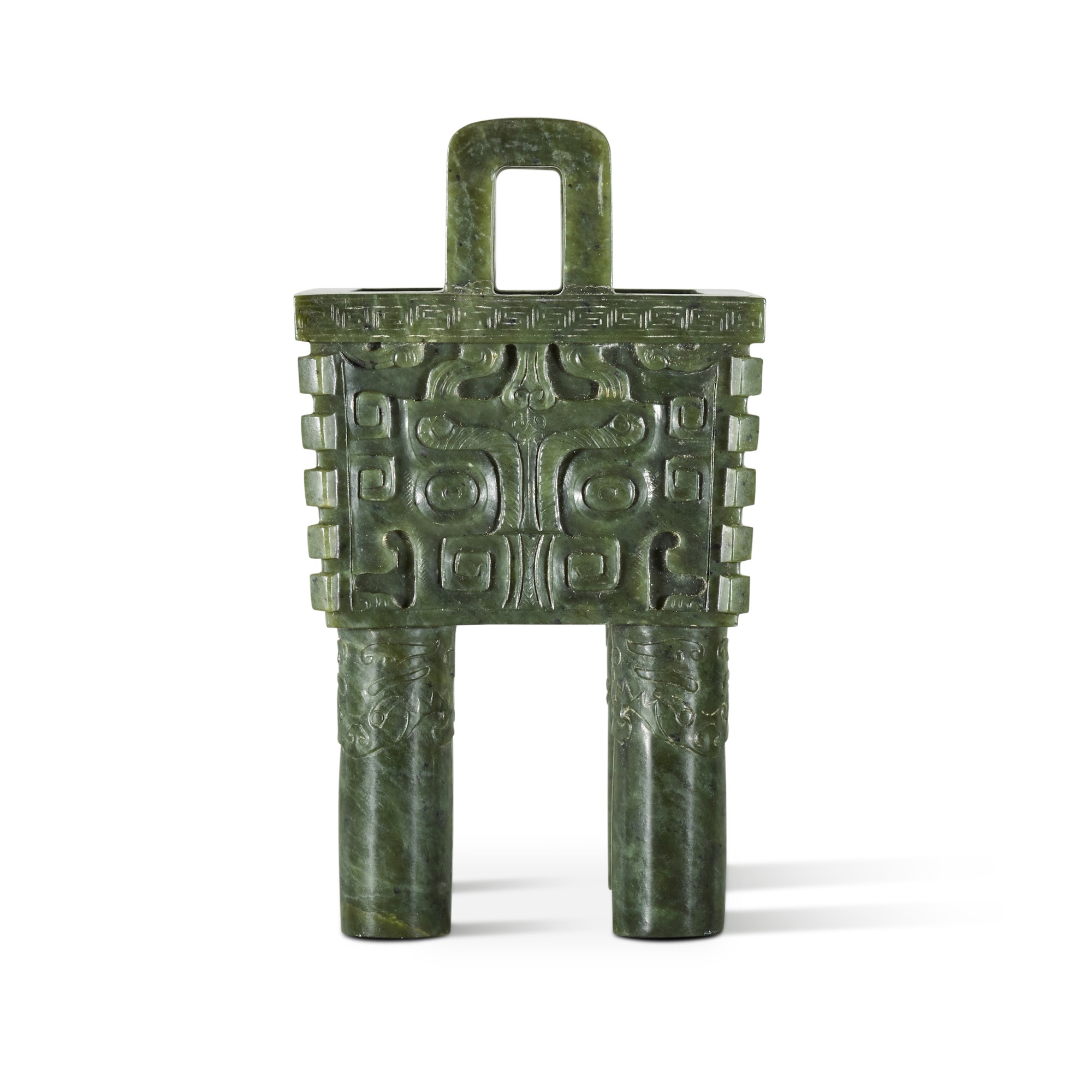 A spinach-green jade archaistic vessel, fang ding, Incised mark and ...