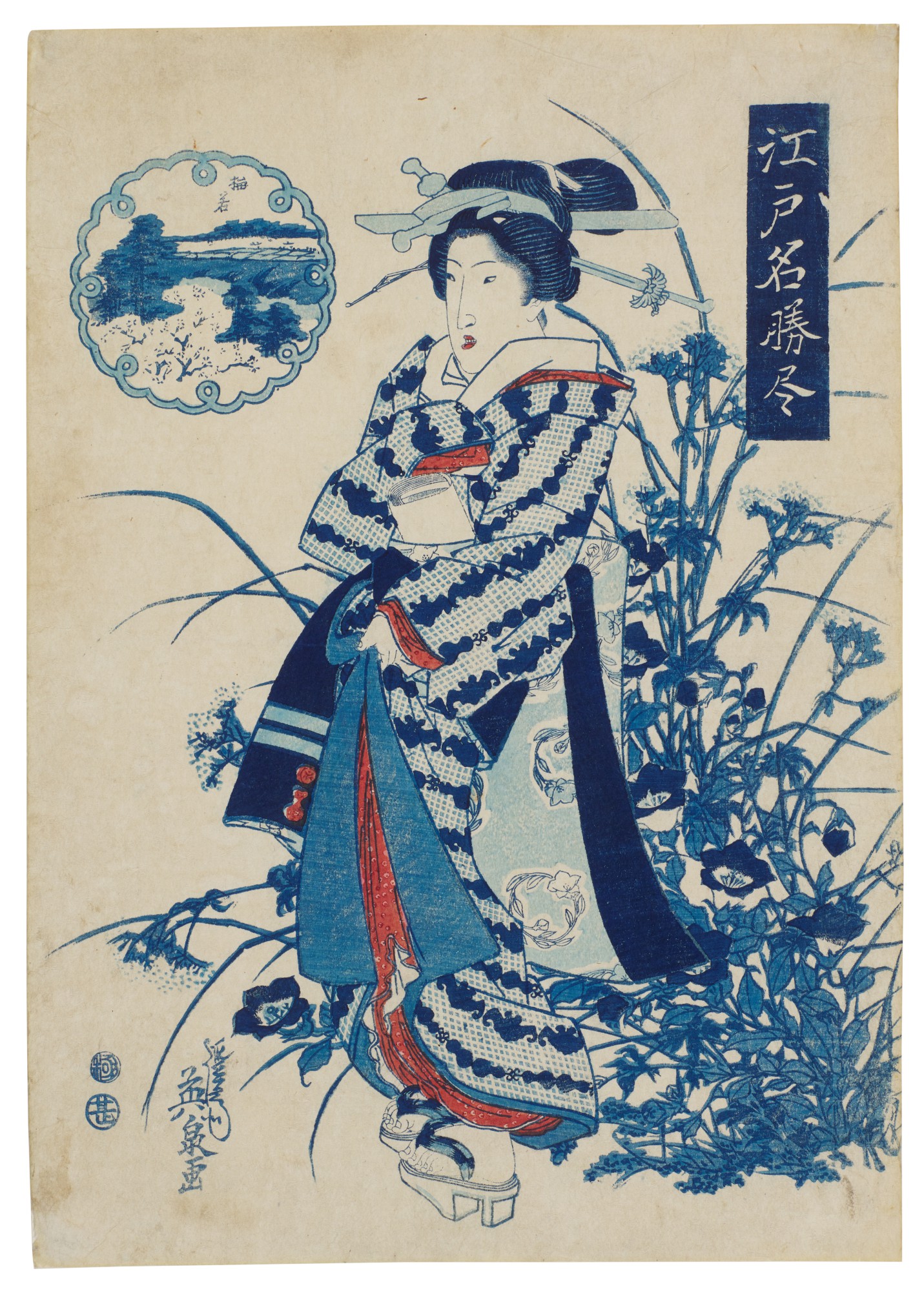 Keisai Eisen (1790-1848) Two aizuri-e woodblock prints, Edo period ...