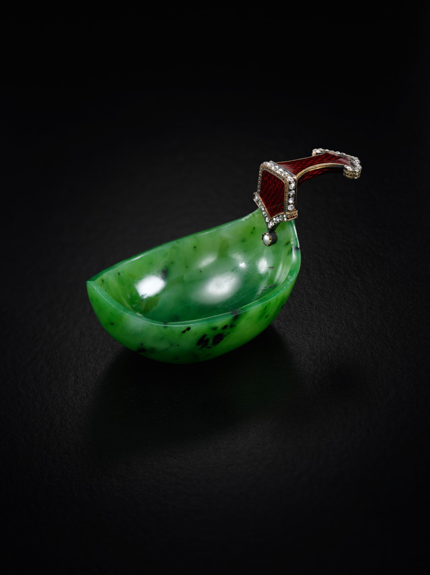 An important Fabergé miniature jewelled, nephrite and guilloché enamel ...