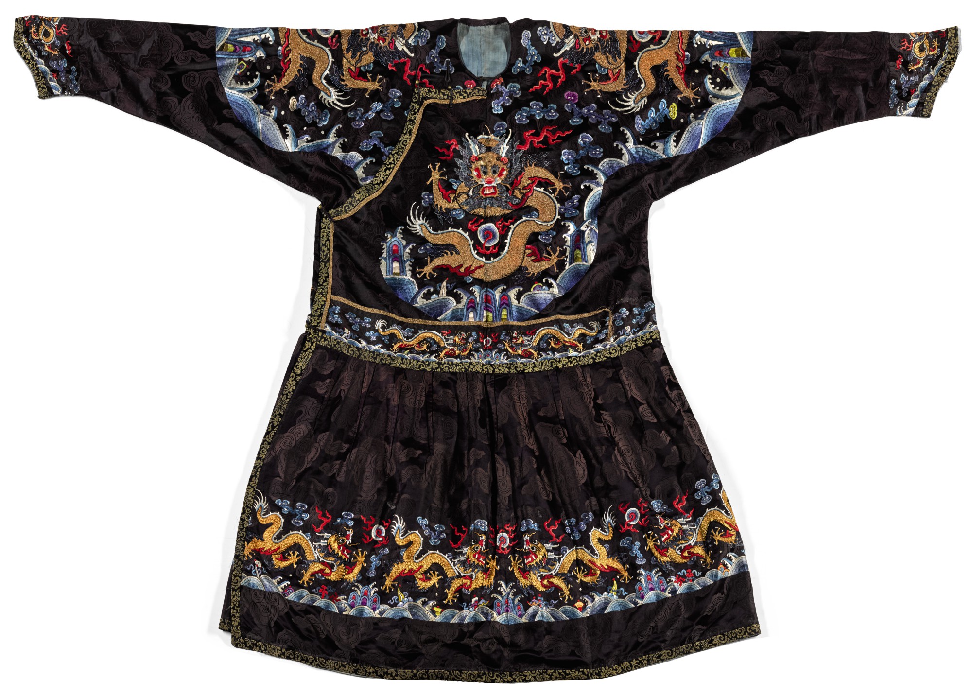 A BLUE GROUND EMBROIDERED SILK FORMAL 'DRAGON' ROBE LATE QING DYNASTY ...