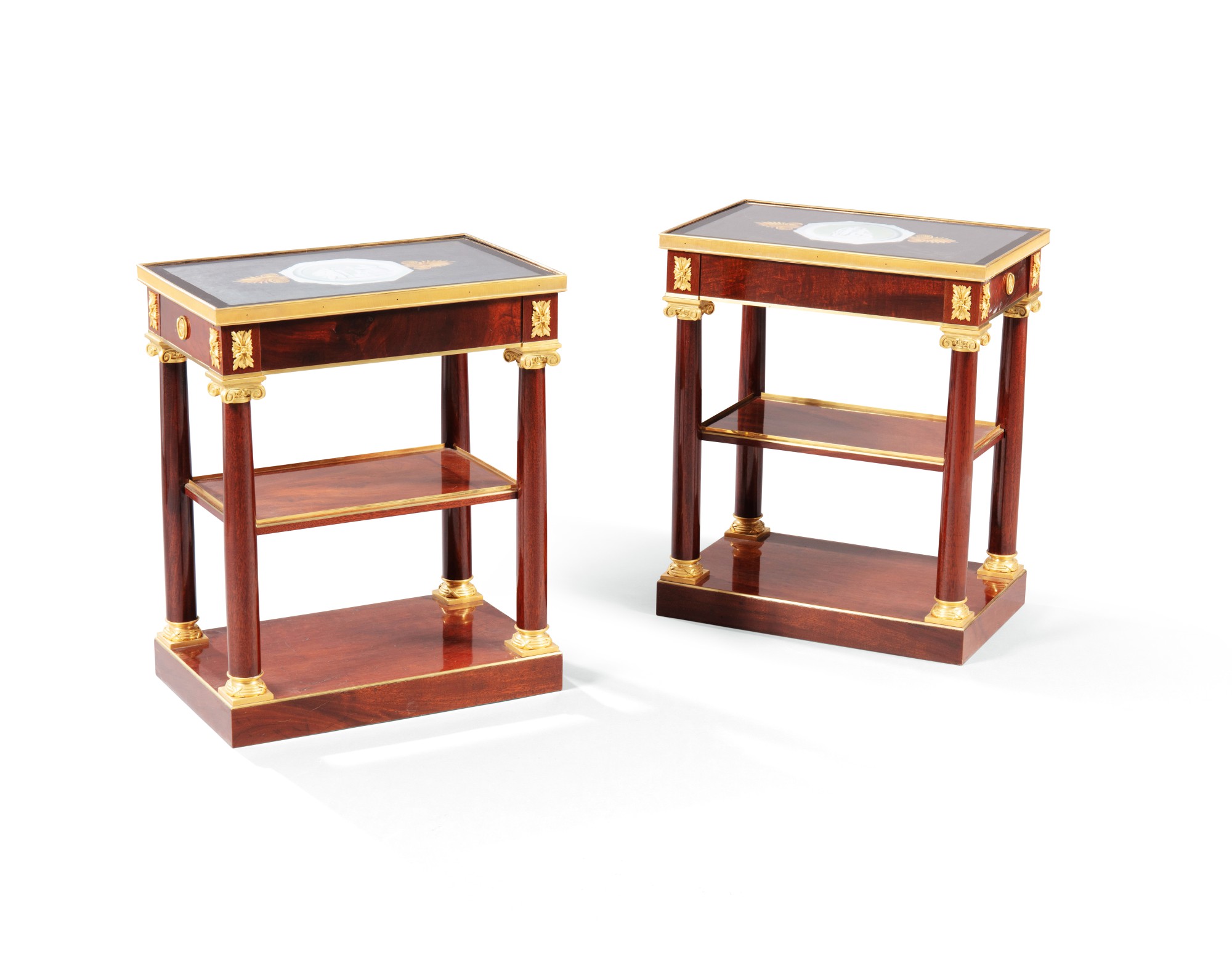 A PAIR OF RUSSIAN NEOCLASSICAL STYLE GILT-BRONZE MAHOGANY TABLES, 20TH ...