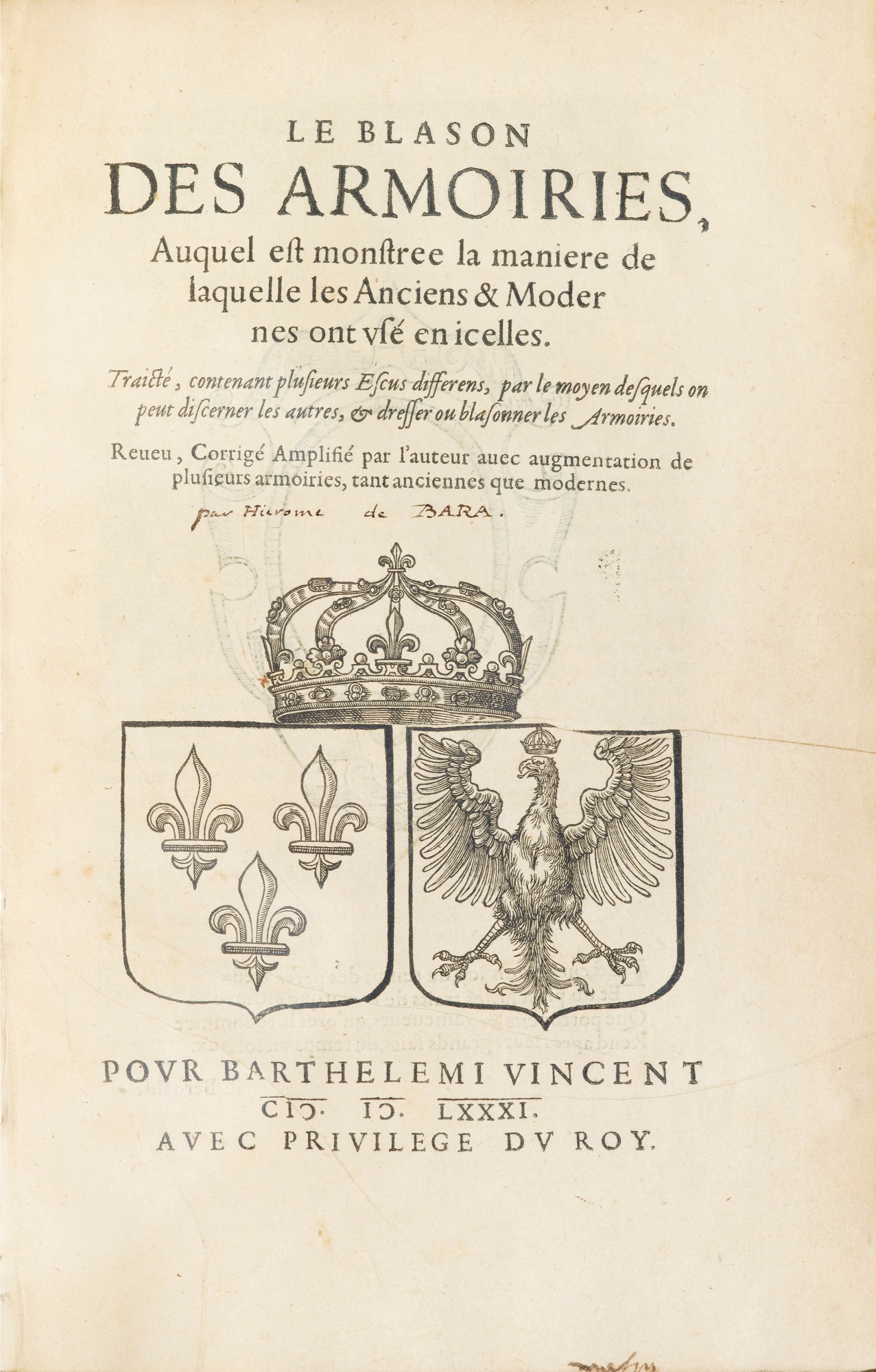 Le Blason des armoiries ... S. l. [Lyon], 1581. Petit in-folio. Vélin ...