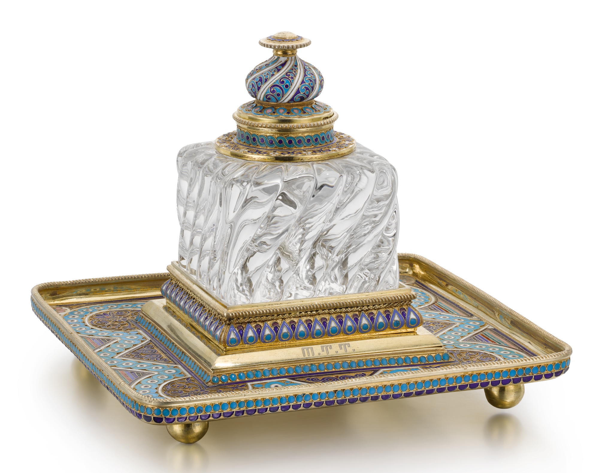 A SILVER-GILT AND CLOISONNÉ ENAMEL INKWELL ON STAND, ANTIP KUZMICHEV ...