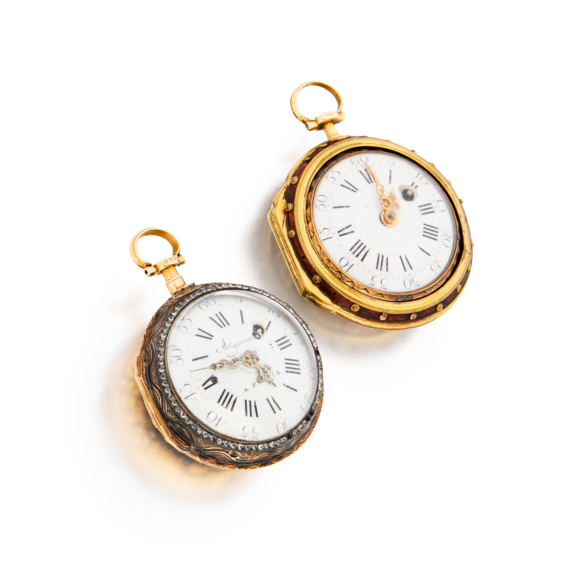 A gold and enamel quarter repeating verge watch with another gold and ...
